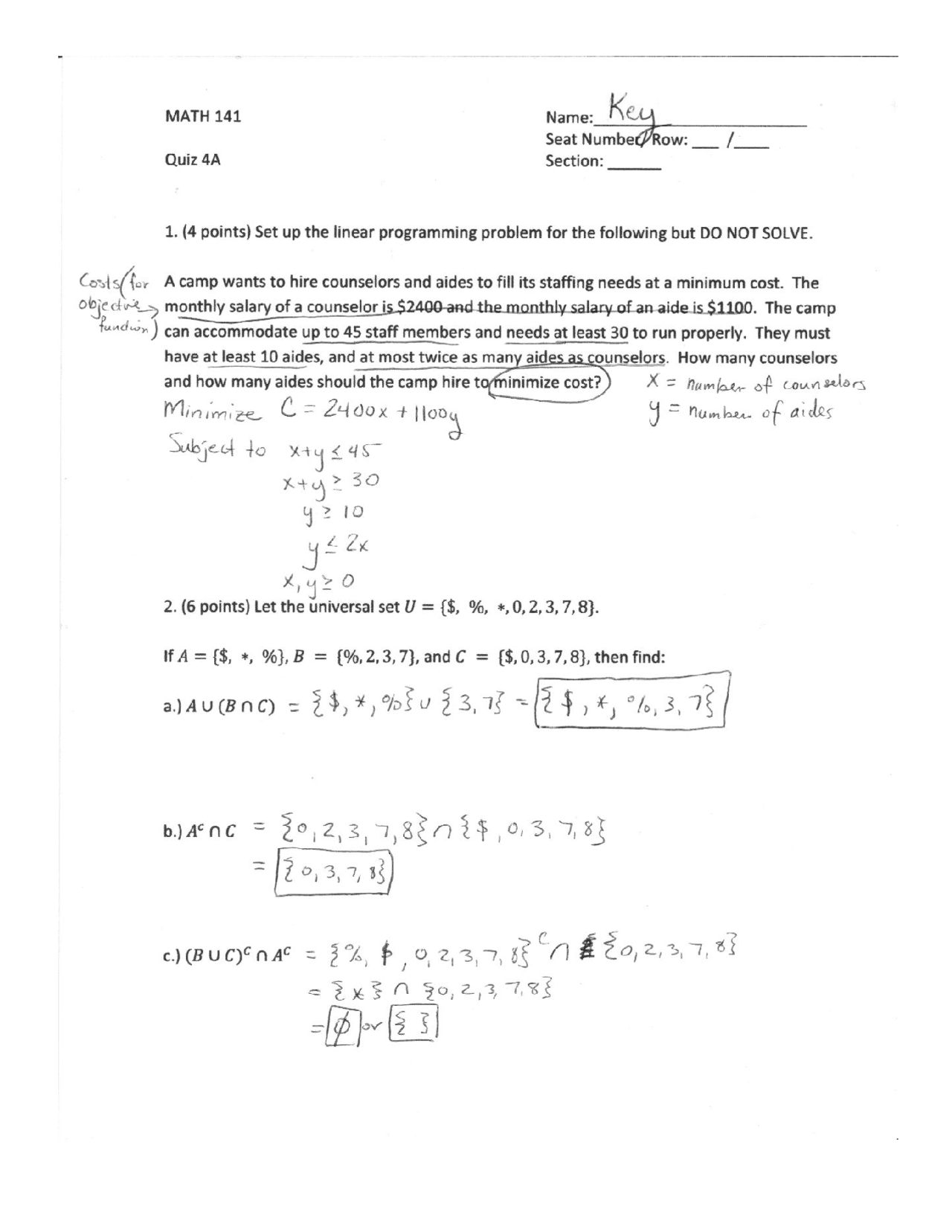 Practice Quiz 4a Solutions Honors Business Mathematics I Math 141
