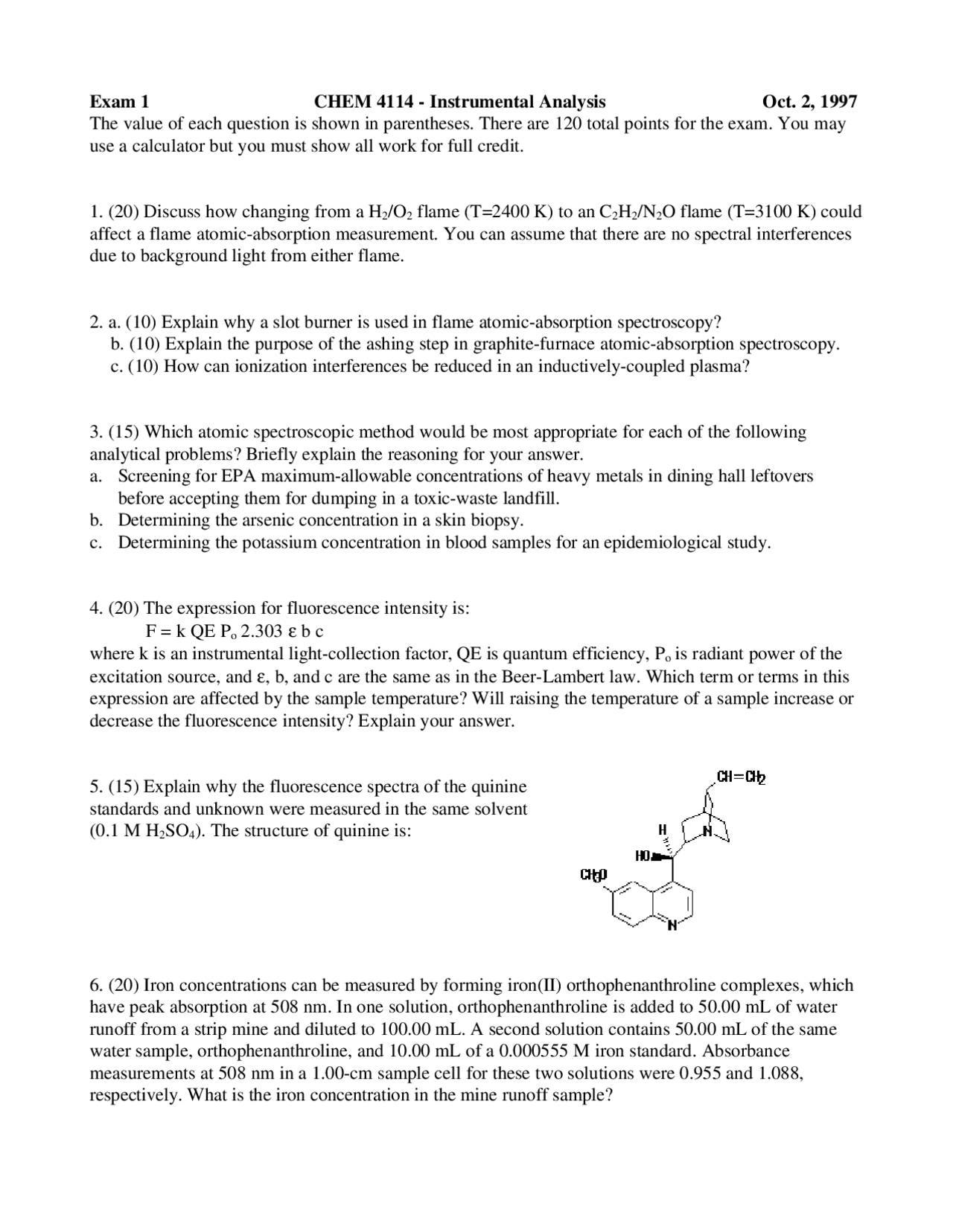6 Questions Of Instrumental Analysis Exam 1 Chem 4114 Docsity
