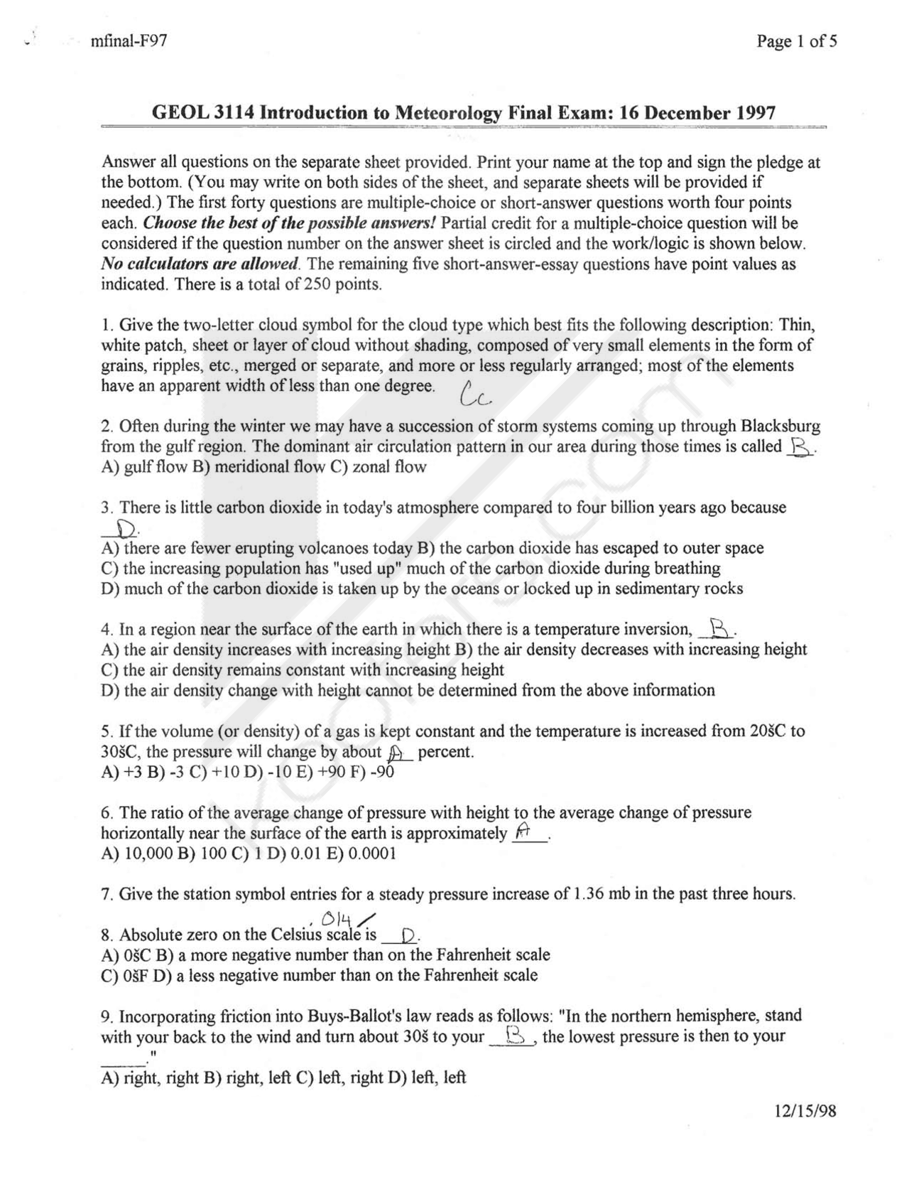 Final Exam Solved Introduction To Meteorology 1997 Geol 3114 Docsity