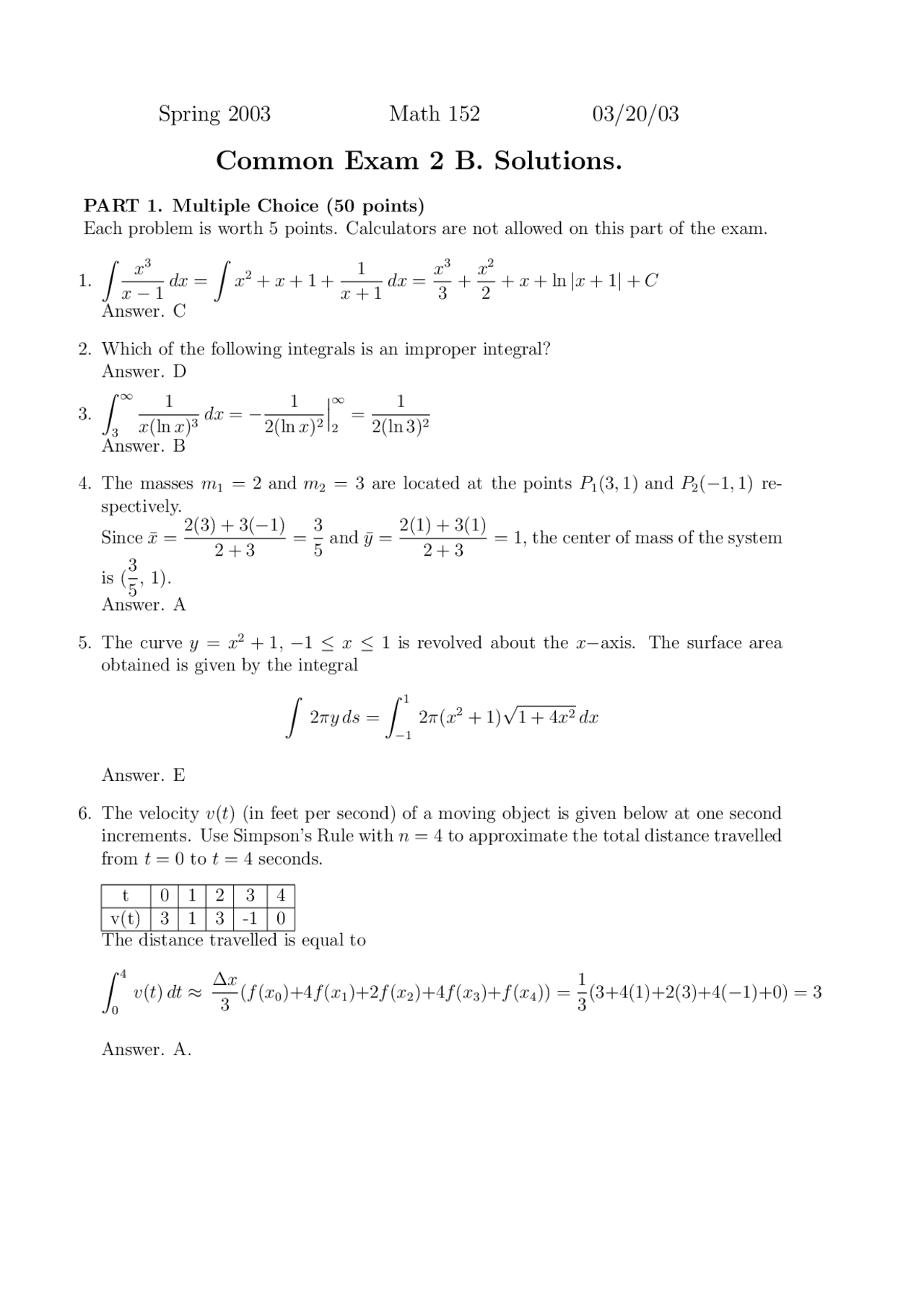 Exam 2b Solutions Honor Engineering Mathematics I Math 152 Docsity