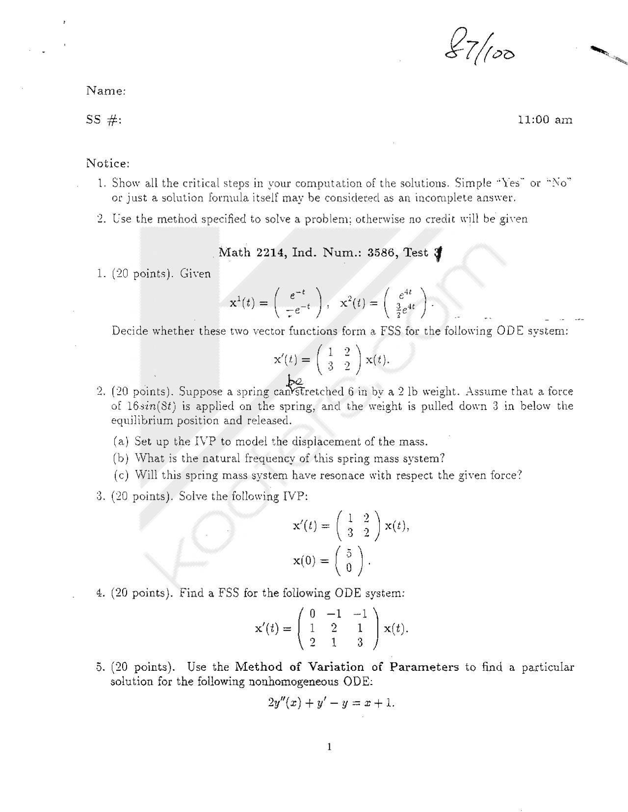 Test 3 With Answer Key Introduction To Differential Equations Math