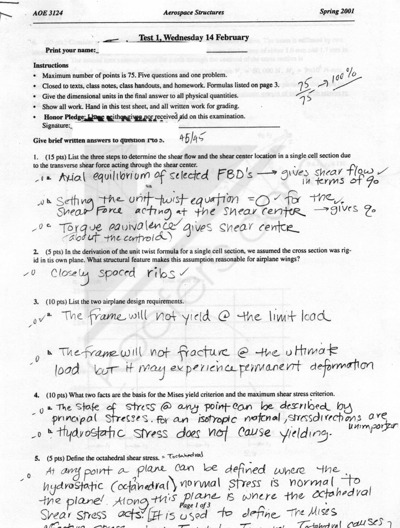 Solved Exam 1 For Aerospace Structures Fall 2001 Aoe 3124 Docsity