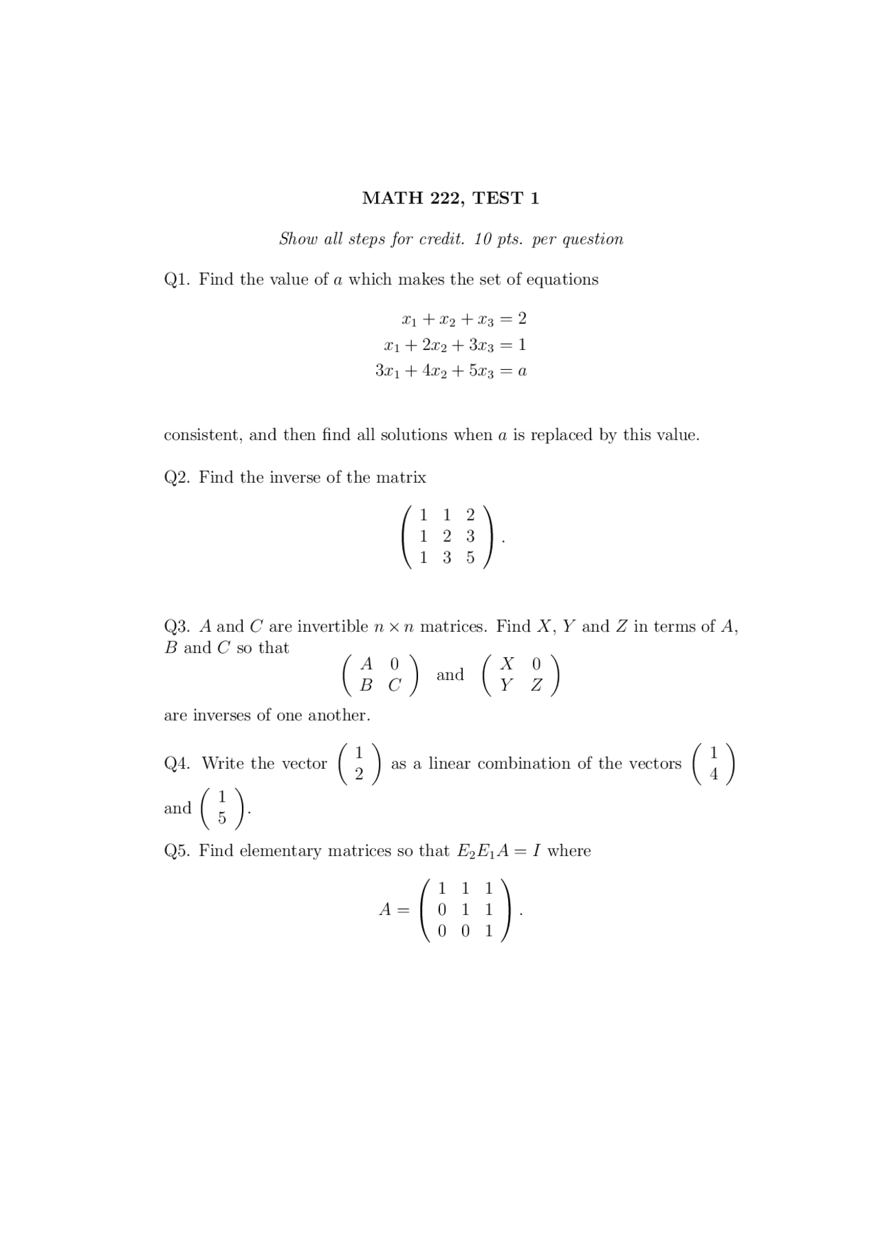 10 Questions For Exam 1 Linear Algebra Math 222 Docsity