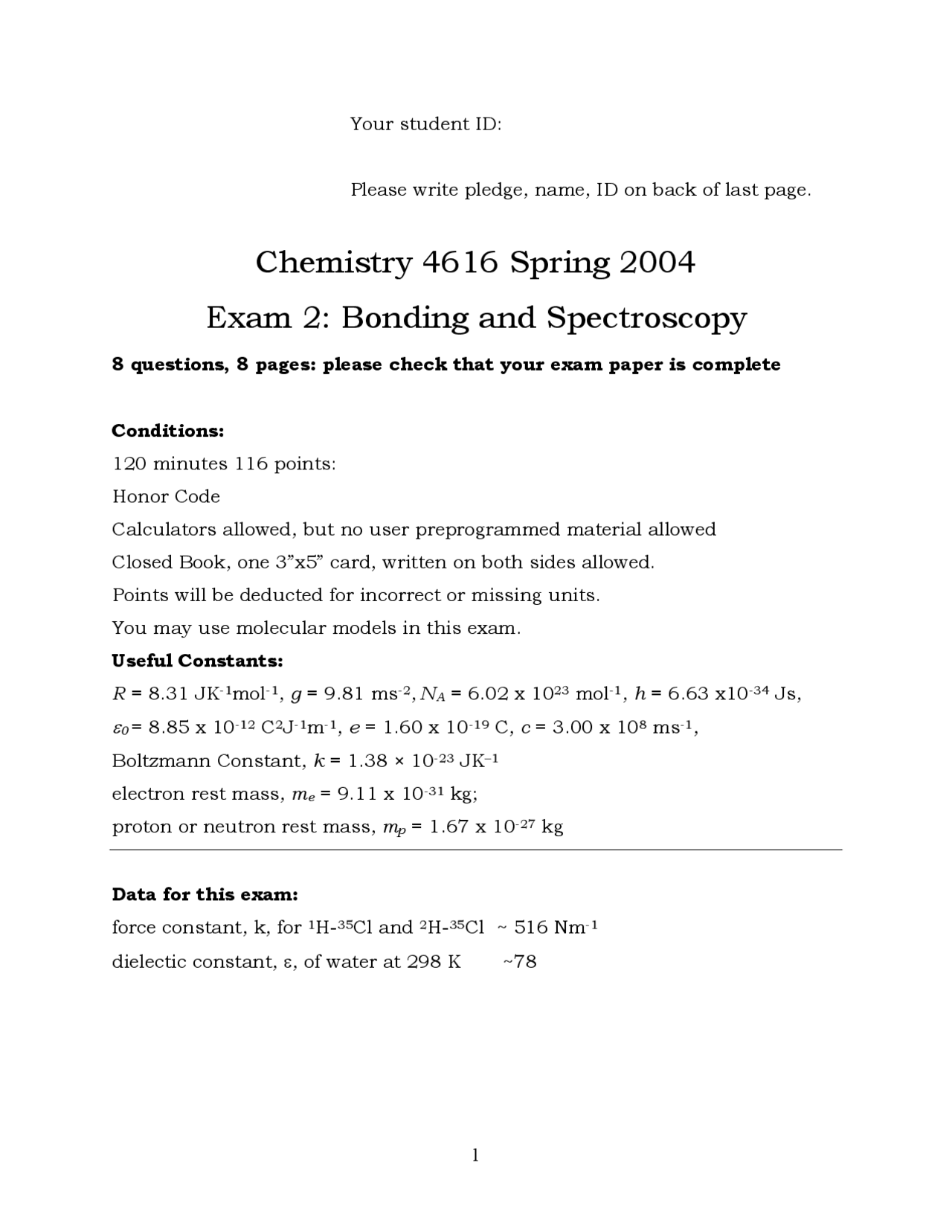 8 Questions On Bonding And Spectroscopy Exam 2 Chem 4616 Docsity