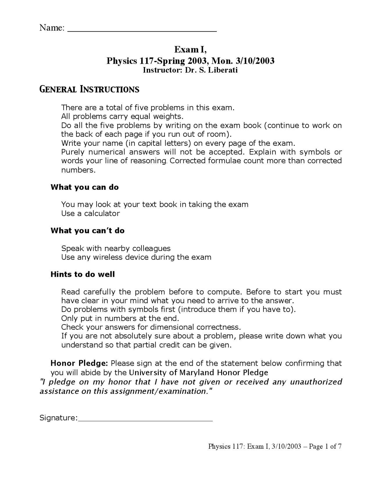 Problems On Introduction To Physics Test 1 Phys 117 Docsity
