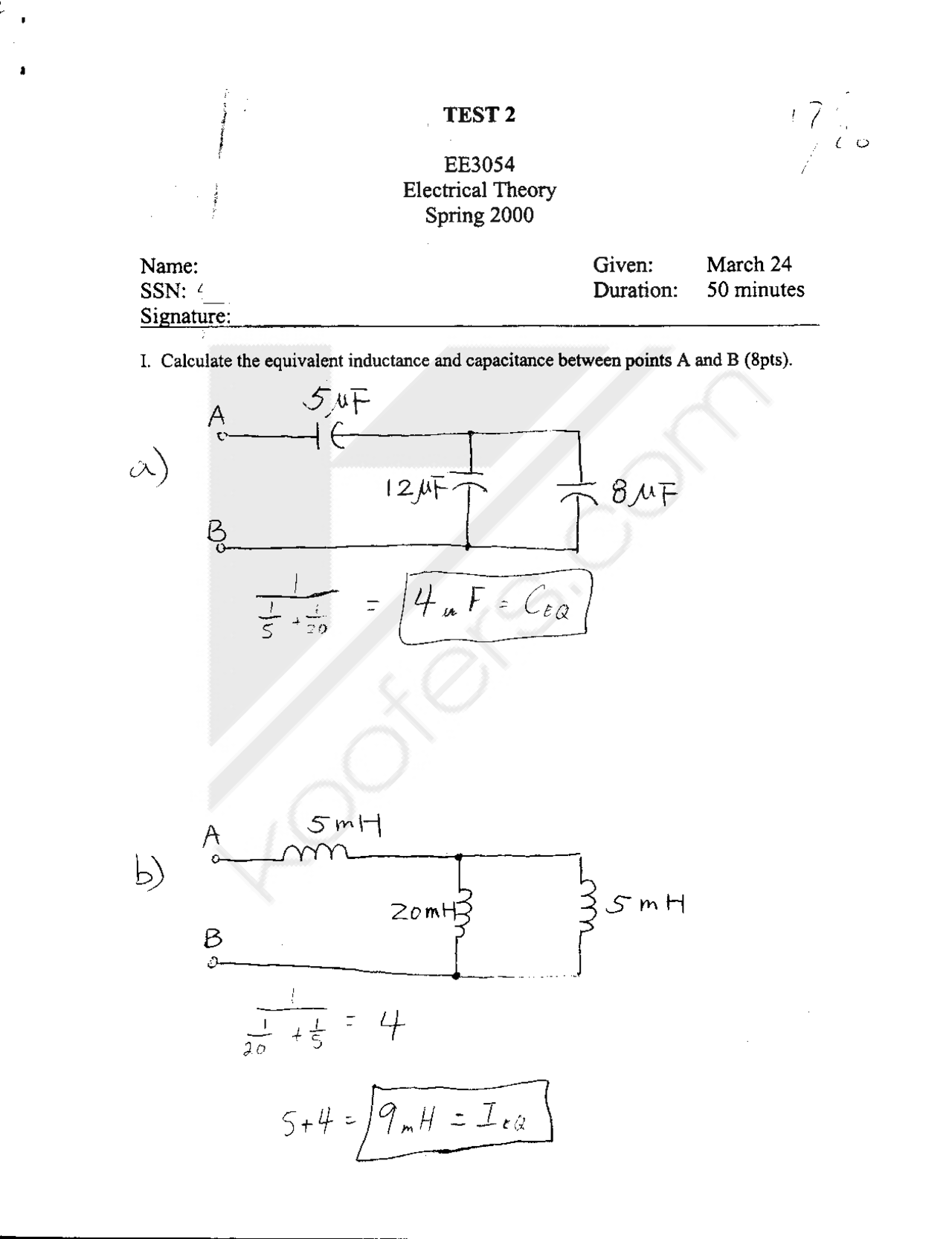 Test 2 With Solution Electrical Theory Ece 3054 Docsity