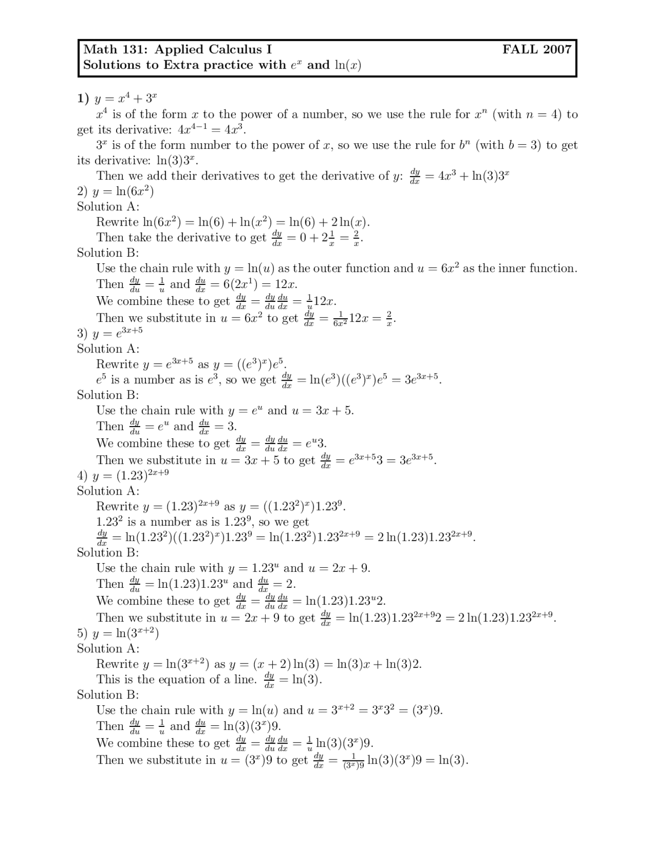 Exercises on Differentiation of Functions with Logarithms and Exponents ...