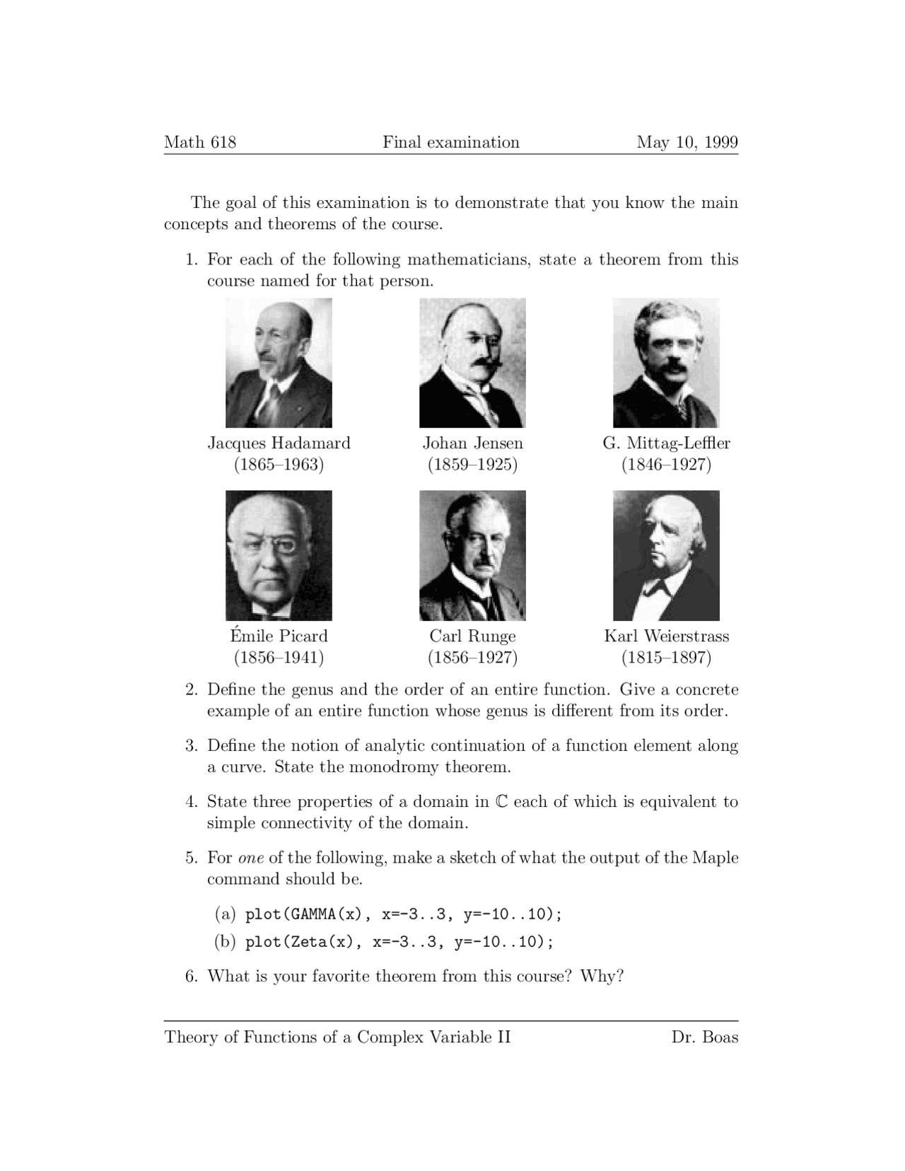 6 Sample Questions For Complex Variables Ii Final Examination Math