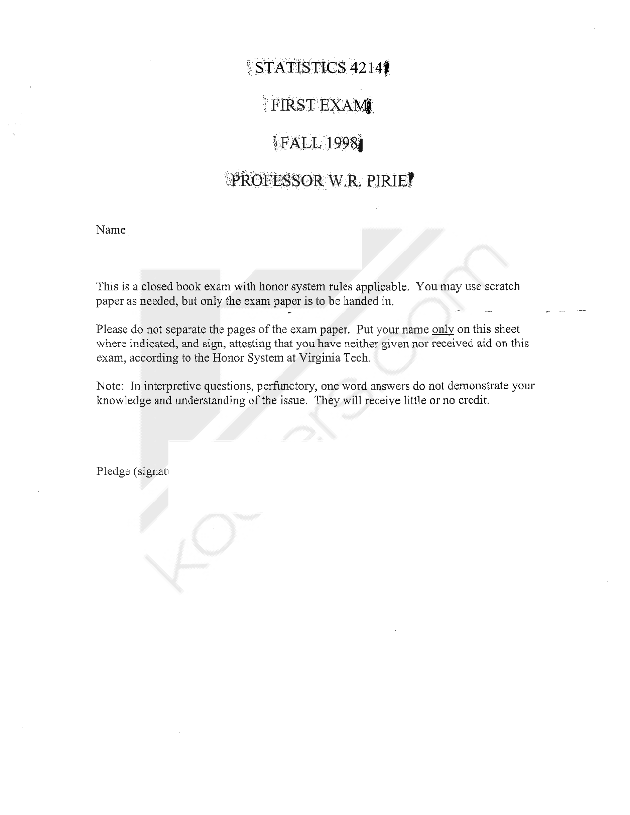 Methods Of Regression Analysis First Exam Stat 4214 Docsity