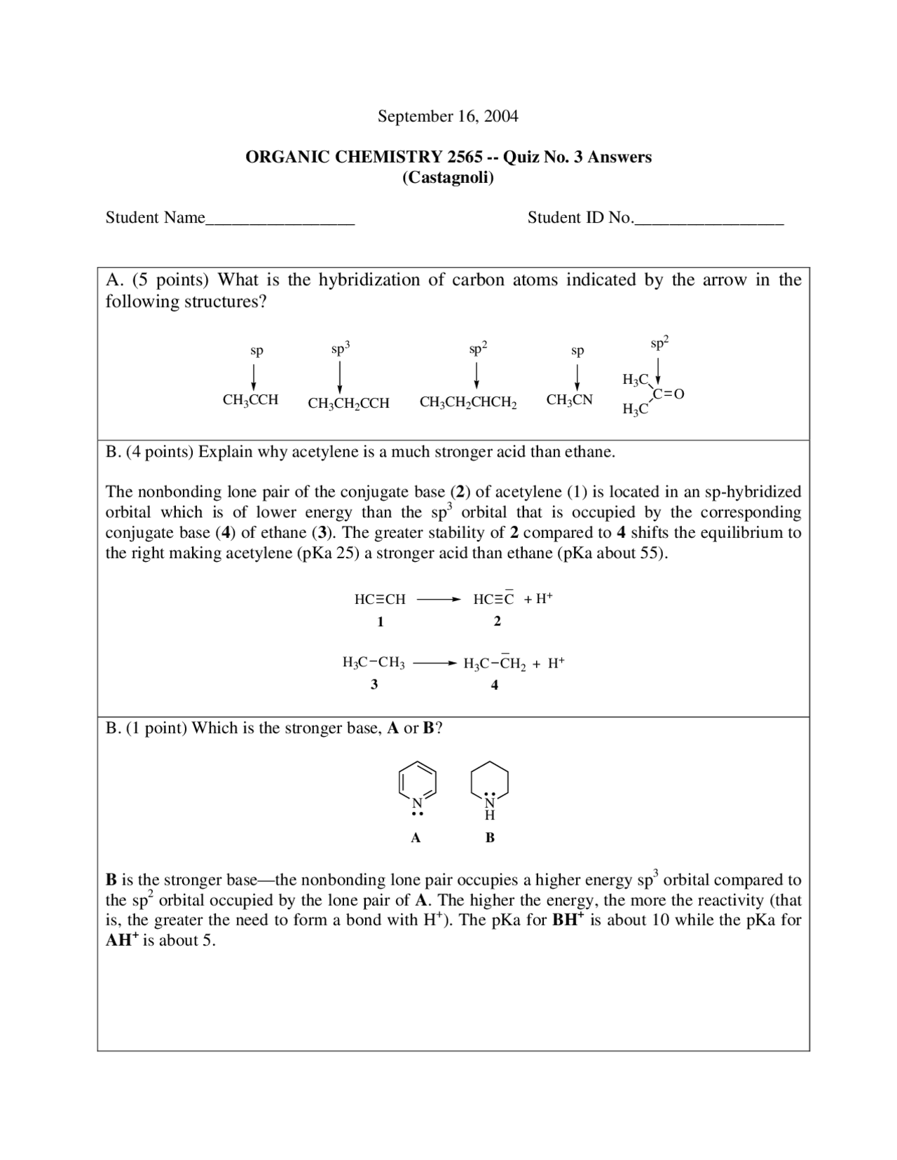 Organic Chemistry Quiz Answers - Quiz No. 3 for Org Chem 2565 - Prof. N ...