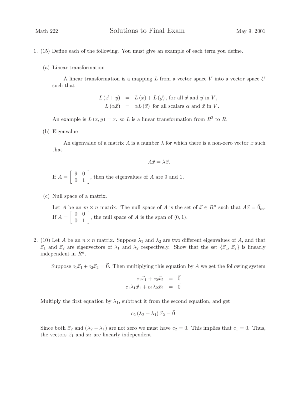 Solutions For Final Exam Linear Algebra Math 222 Docsity