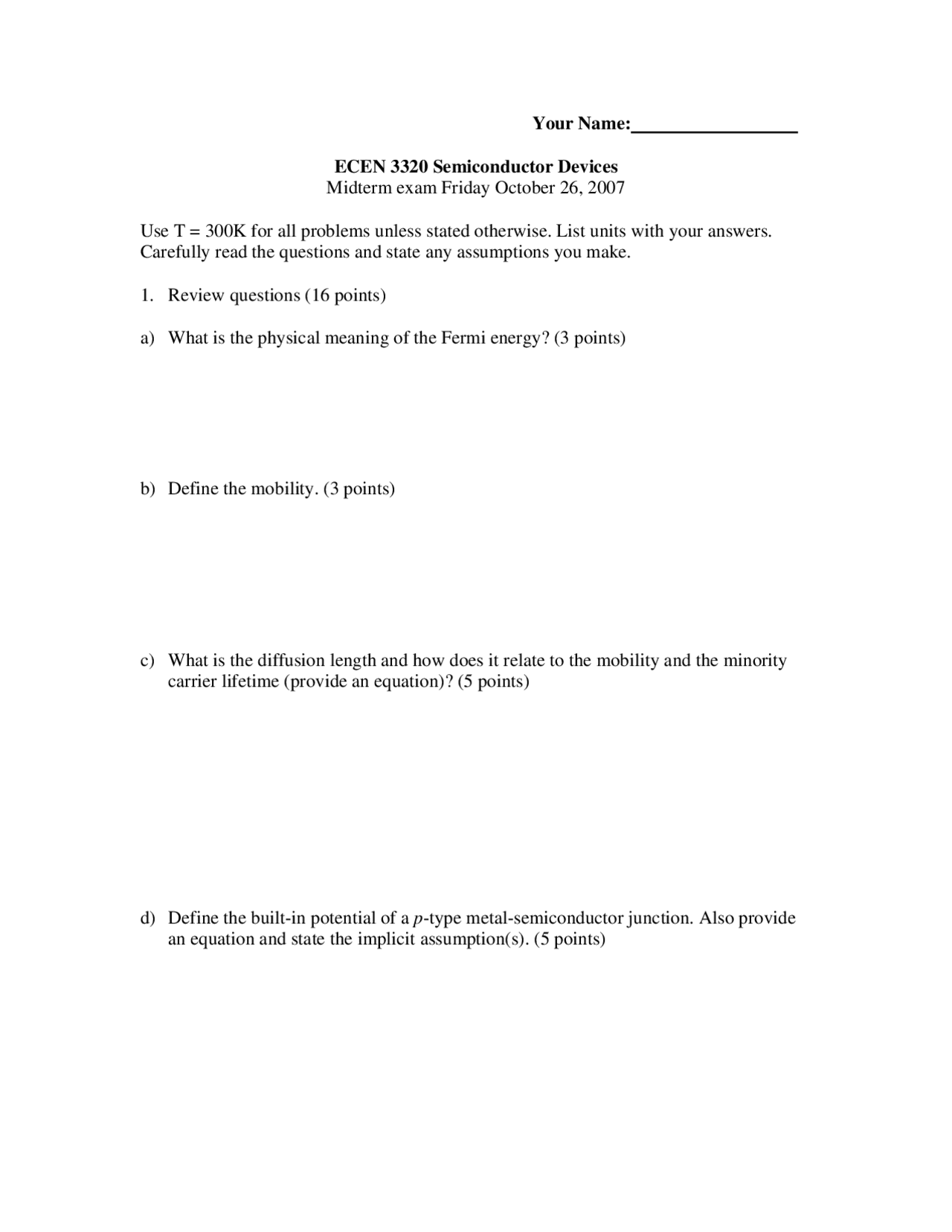 5 Questions Midterm Exam Semiconductor Ecen 3320 Docsity
