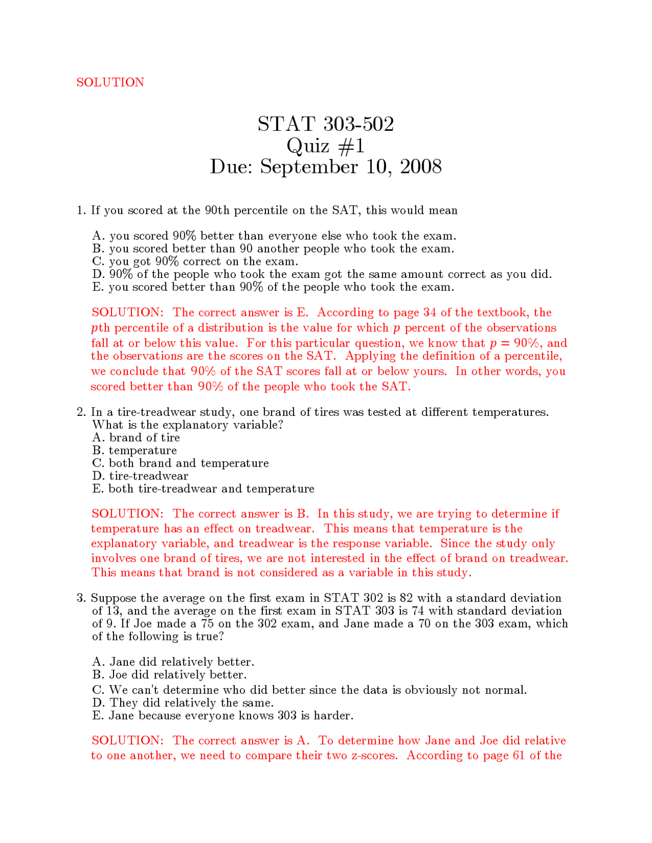 Solved Quiz 1 For Statistics Methods Fall 2008 Stat 303 Docsity