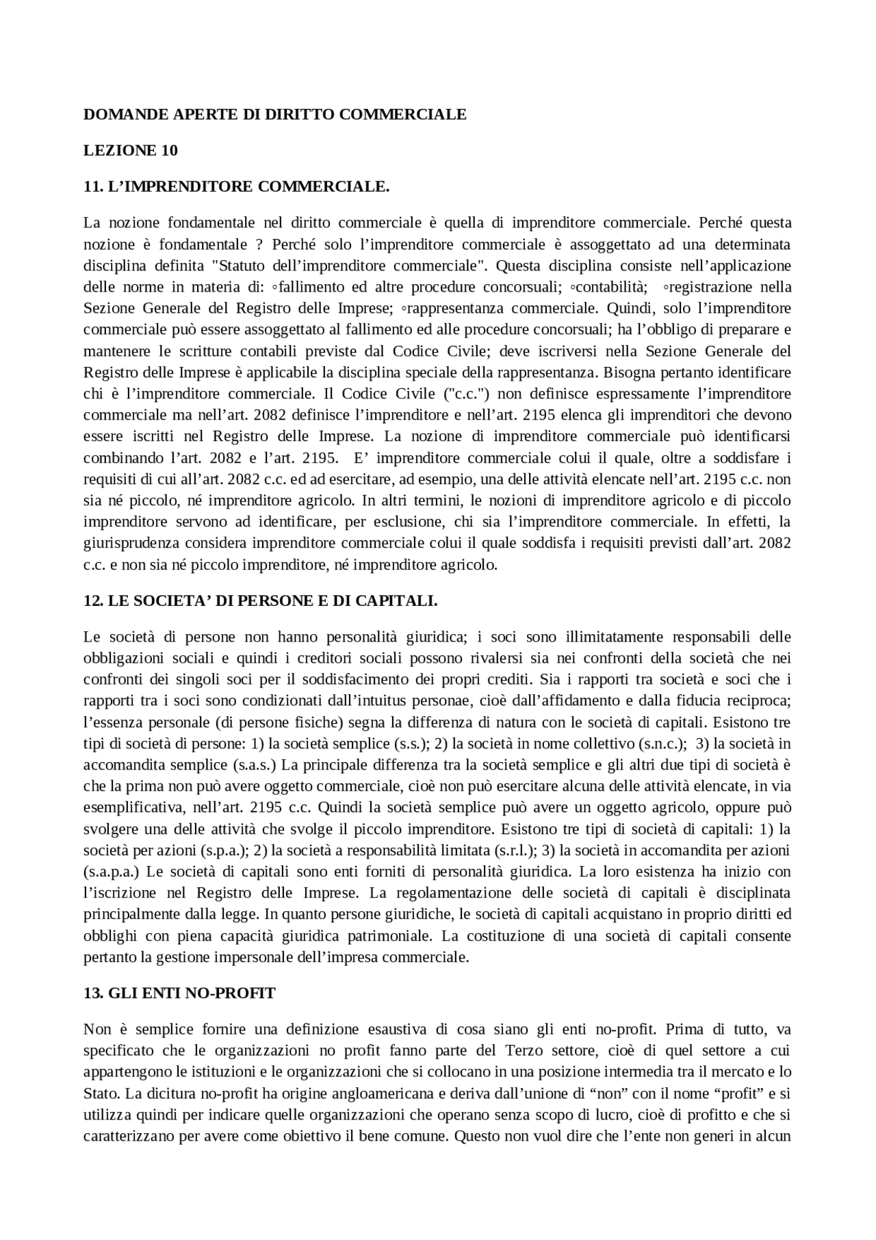 DOMANDE APERTE DI DIRITTO COMMERCIALE - Docsity