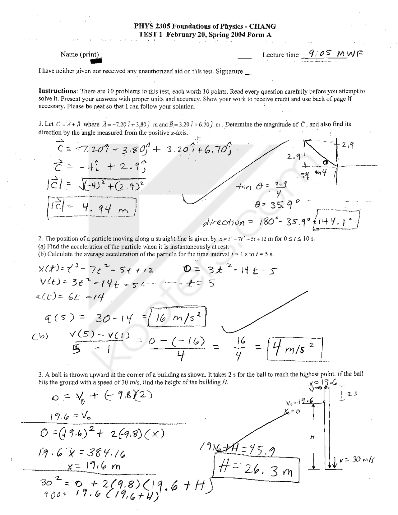 Solved Questions For Practice Exam 1 Foundations Of Physics I Phys