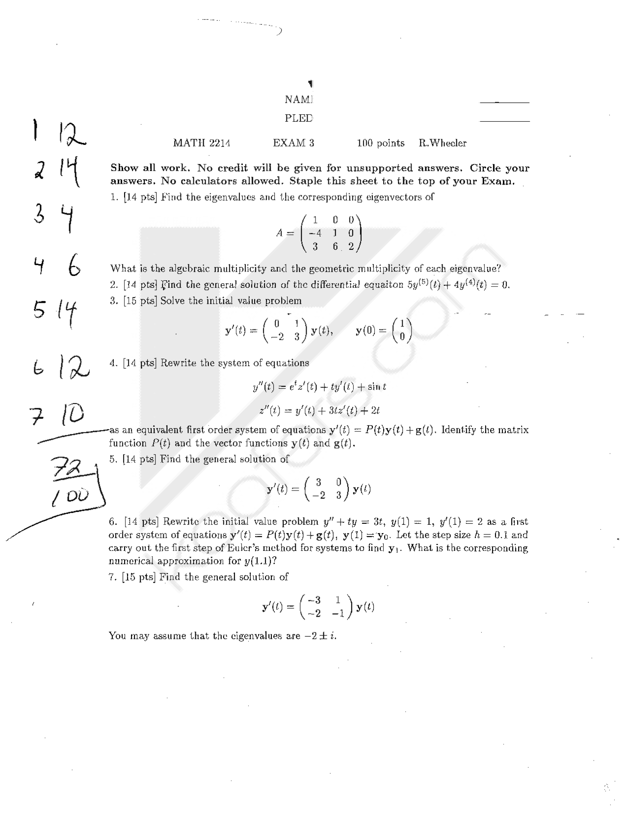 14 Solved Problems on Introduction to Differential Equation - Exam 3 | MATH 2214 | Exams ...