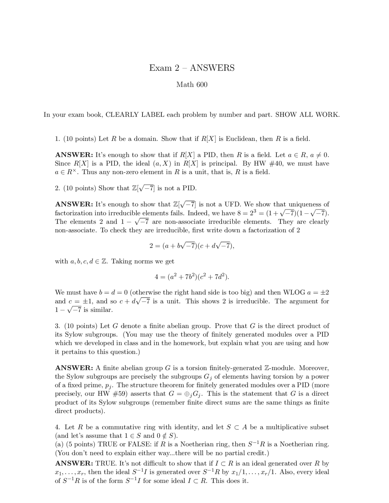 Abstract Algebra I Old Examination 2 With Answers Math 600 Docsity