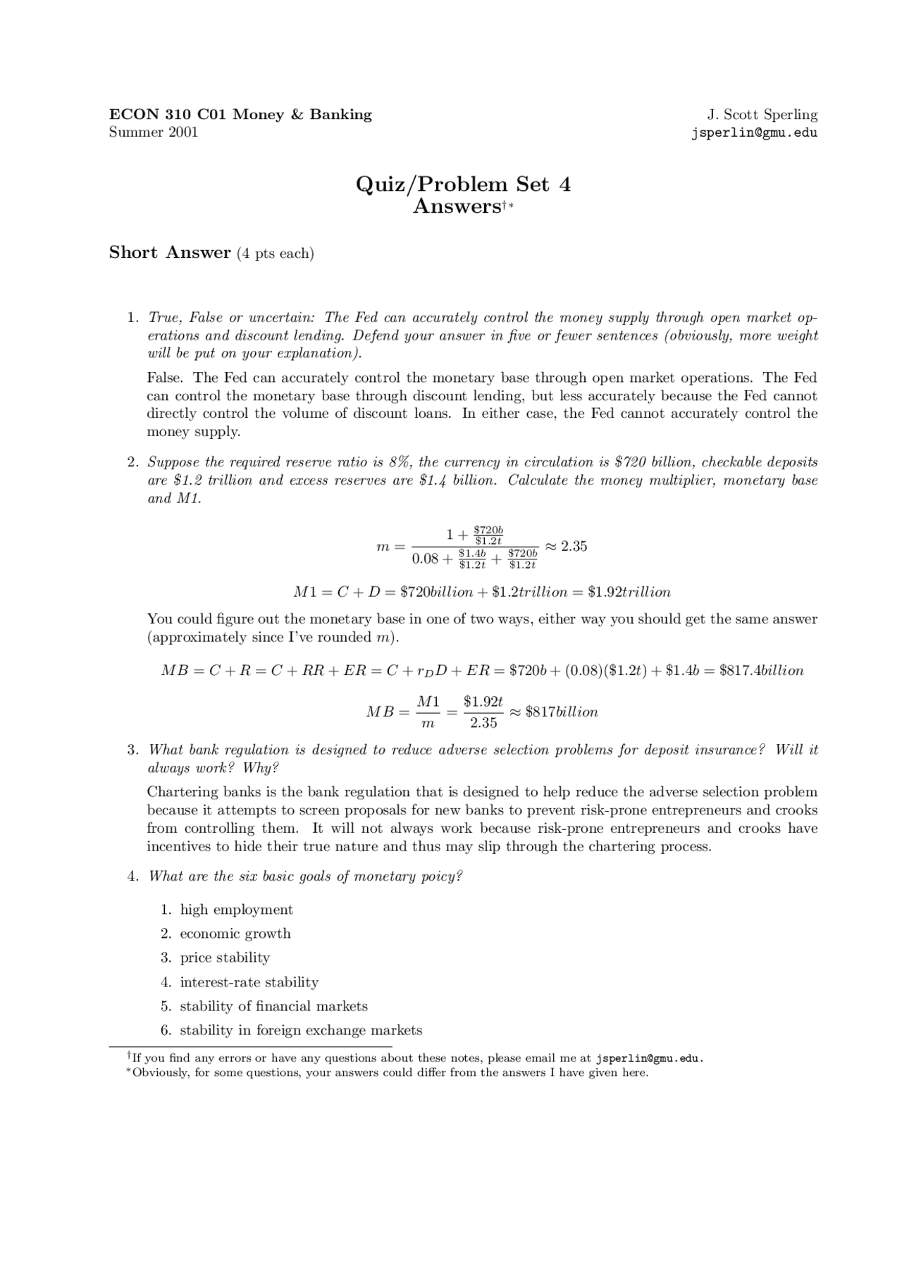 Quiz 4 With Answer Key Money And Banking Econ 310 Docsity