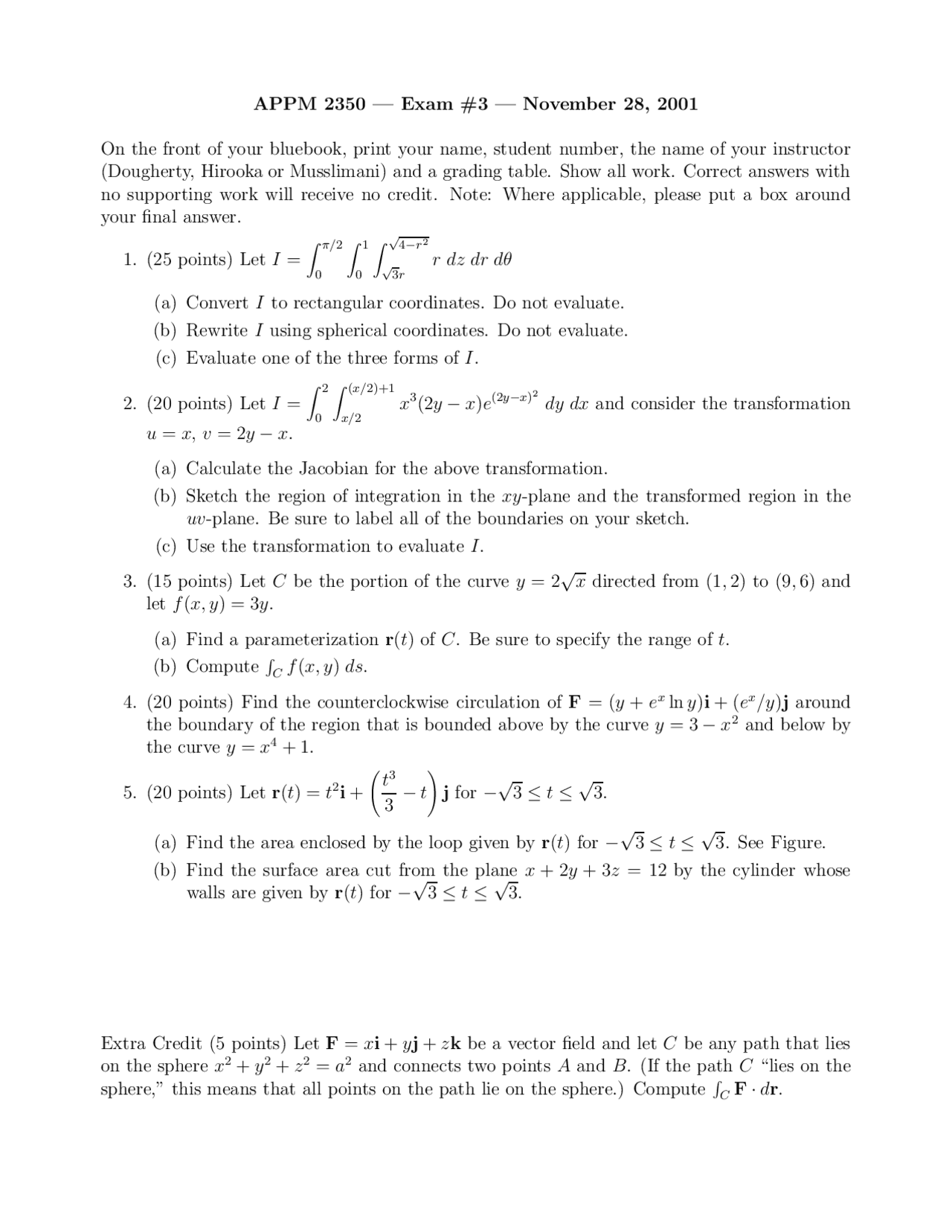 6 Questions On Calculus Iii For Engineers Exam Iii Appm 2350 Docsity