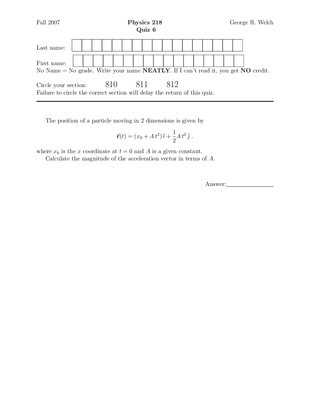 Calculate The Magnitude Of Acceleration Vector Quiz 6 Phys 218