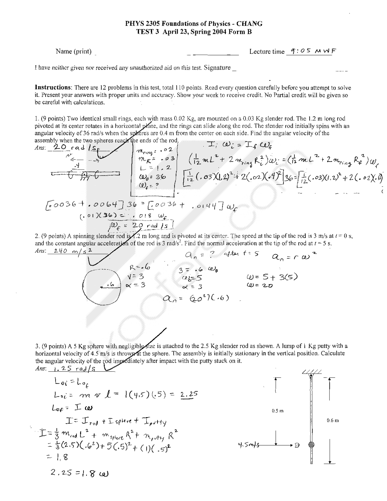 Test 3 Form B Solved Foundations Of Physics I Spring 2004 Phys