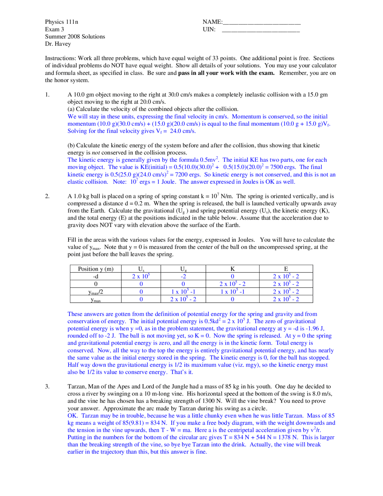 3 Solved Questions on Inelastic Collision - Exam 3 | PHYS 111N - Docsity