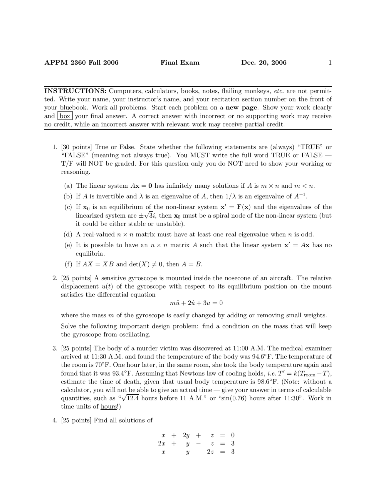 Final Exam Introduction To Differential Equations With Linear Algebra