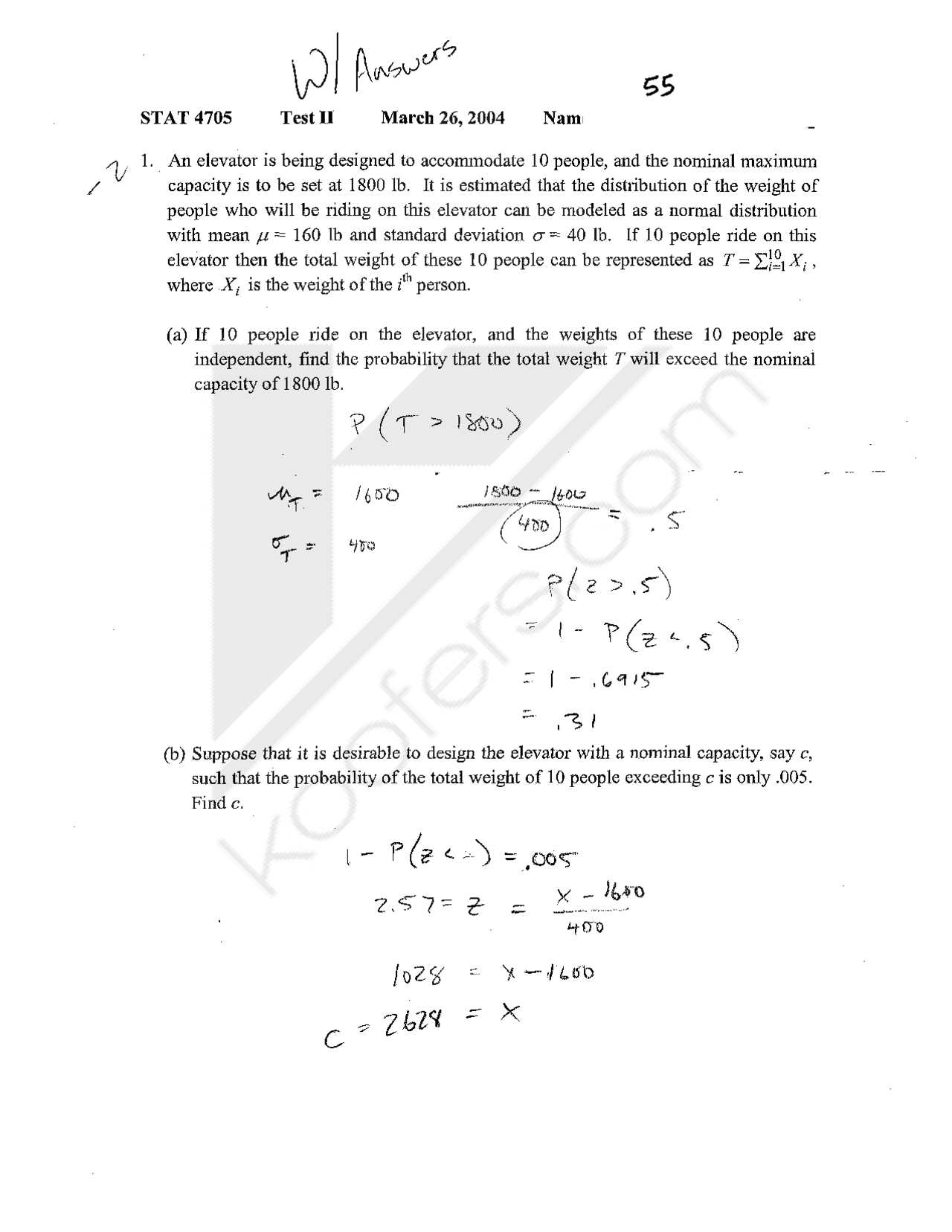 Answer Sheet About Statistics For Engineers Exercices Stat 4705 Docsity
