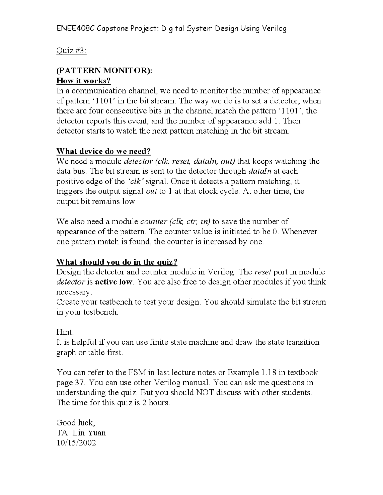 Practice Quiz 3 On Capstone Design Project Enee 408 Docsity