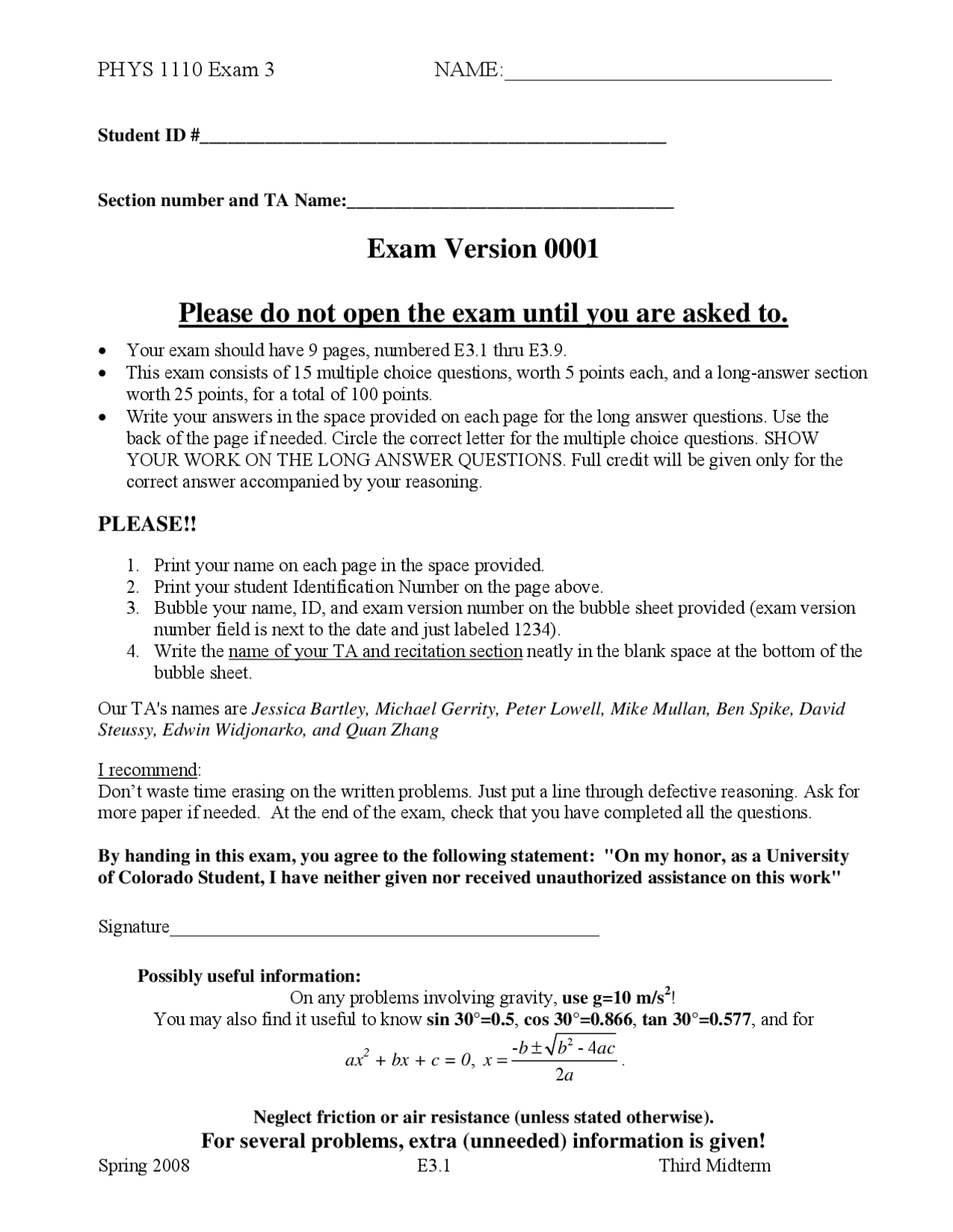 Lecture Notes On General Physics 1 Examination 3 Phys 1110 Docsity