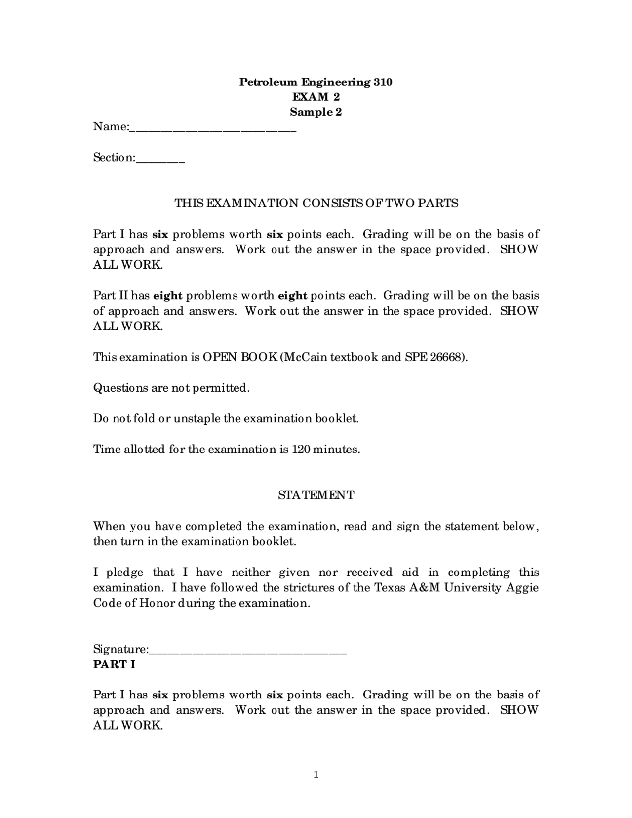 Practice Exam 2 Sample 2 - Petroleum Engineering | PETE 310 - Docsity