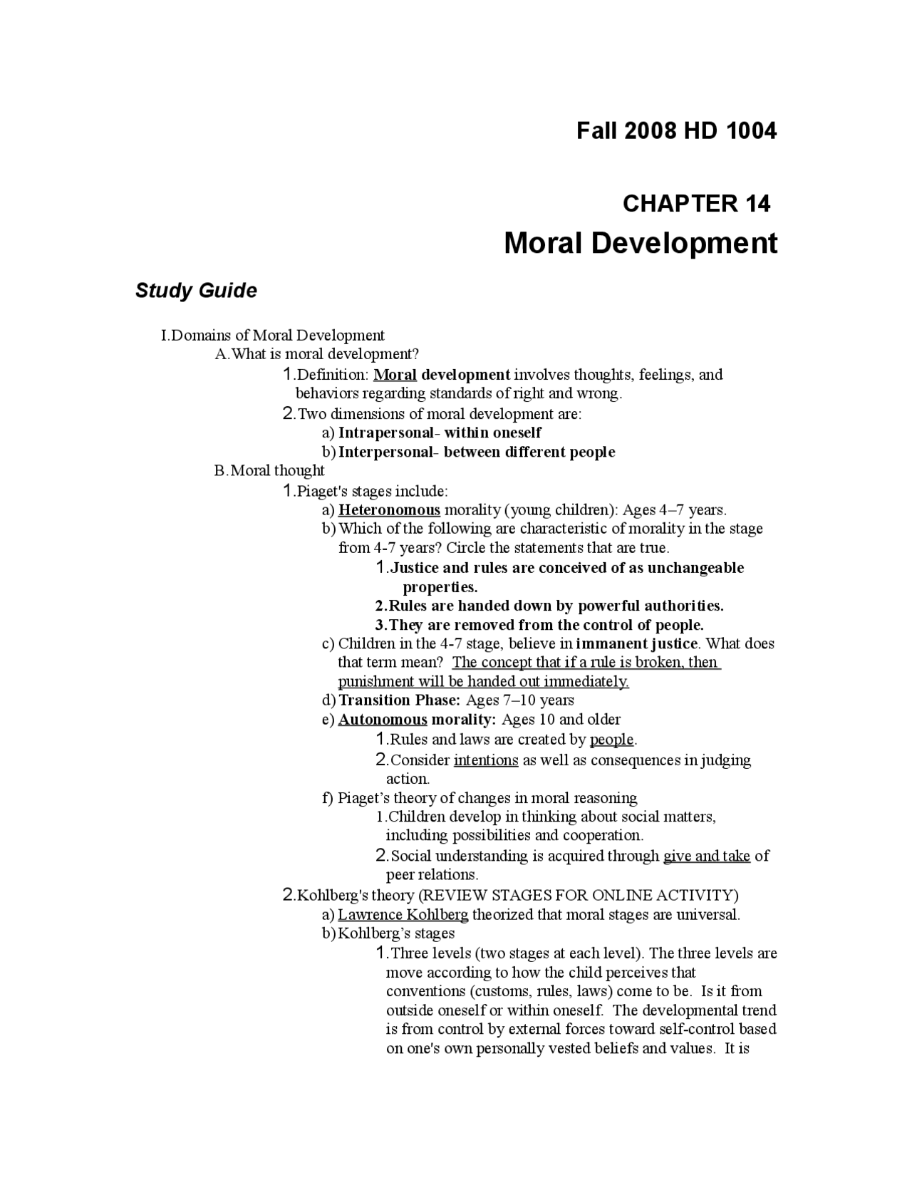 Notes On Moral Development Human Development I Hd 1004 Docsity