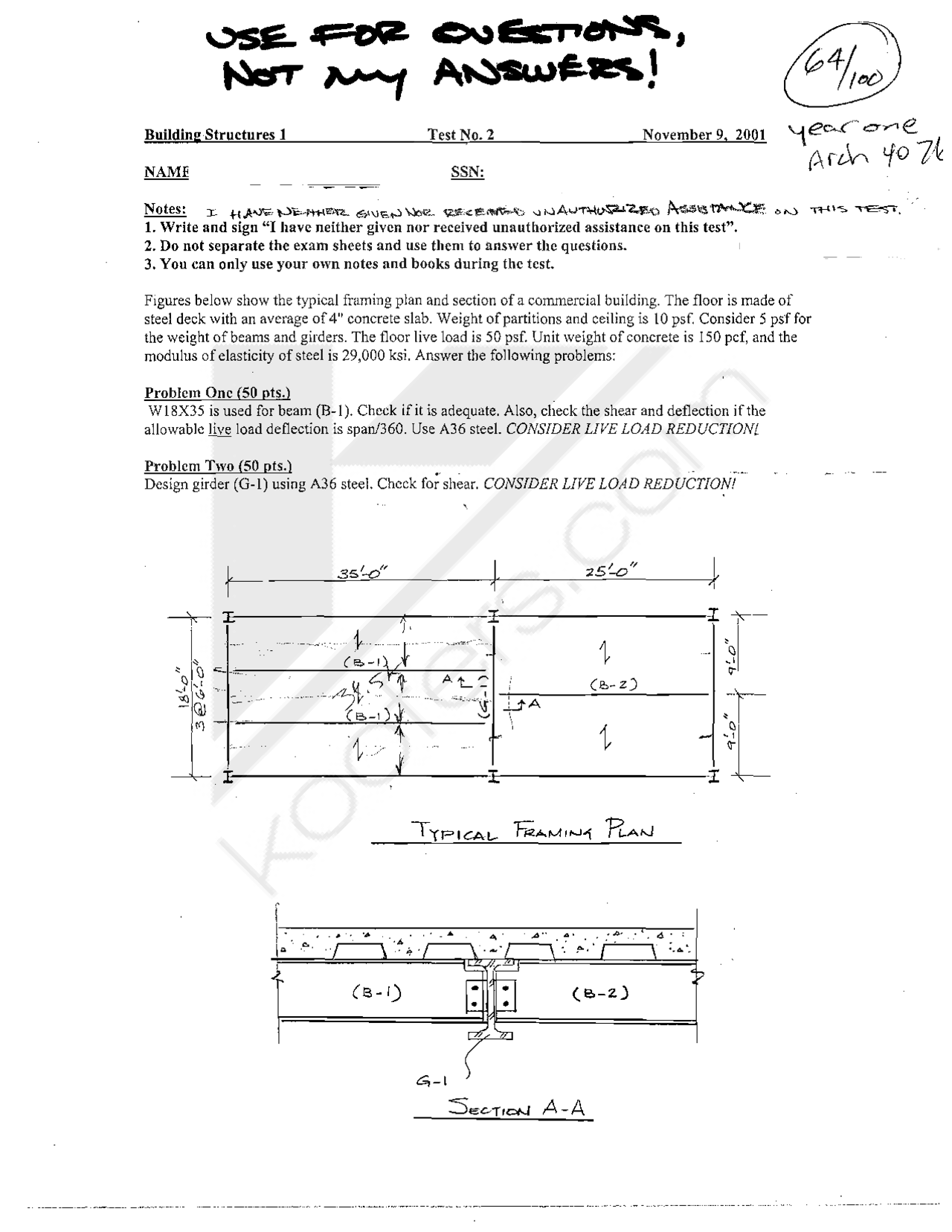 Test 2 With Solution Building Structures Arch 4076 Docsity