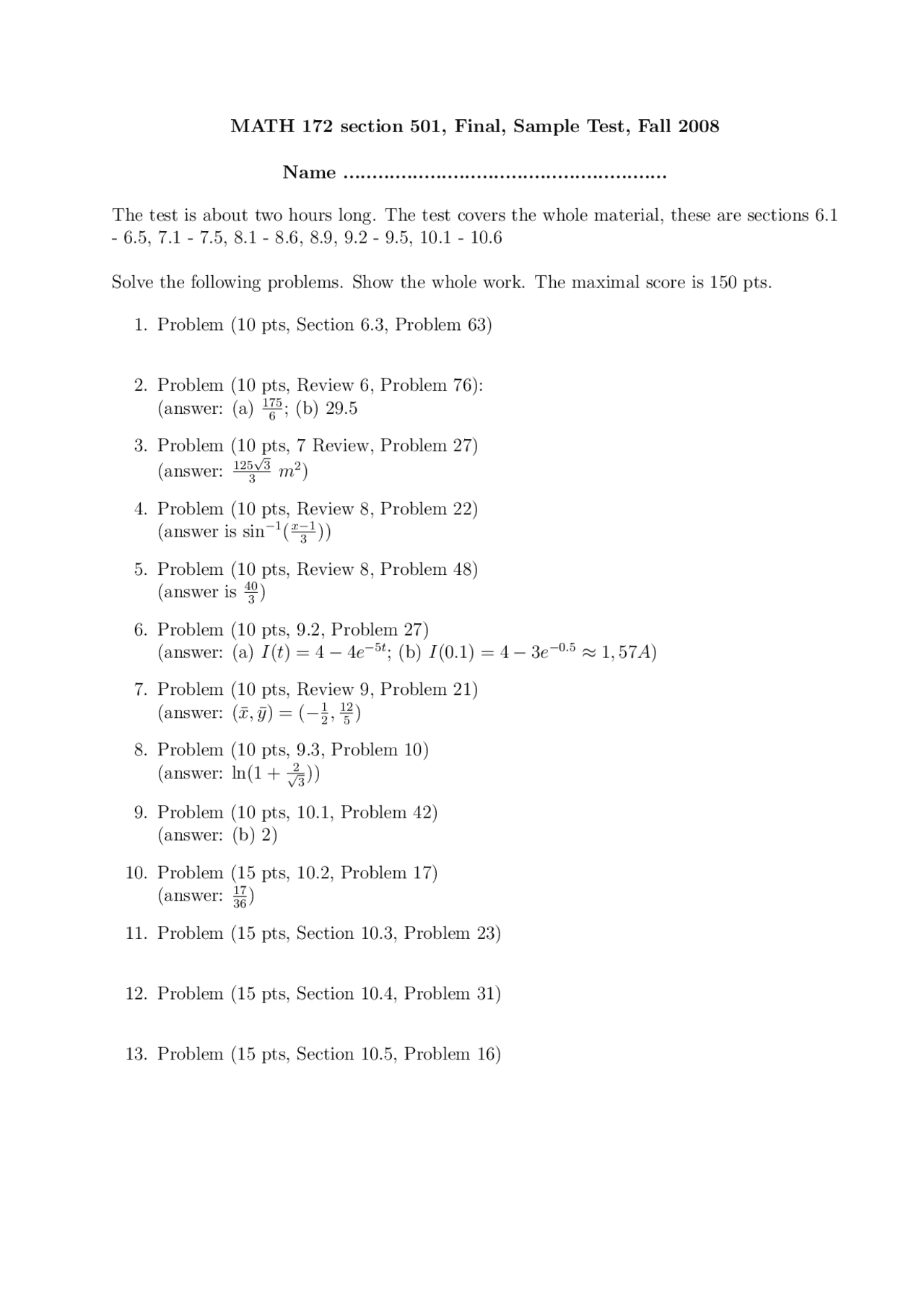 MATH 172 Section 501, Fall 2008 Final Exam Problems and Solutions | Exams Calculus | Docsity