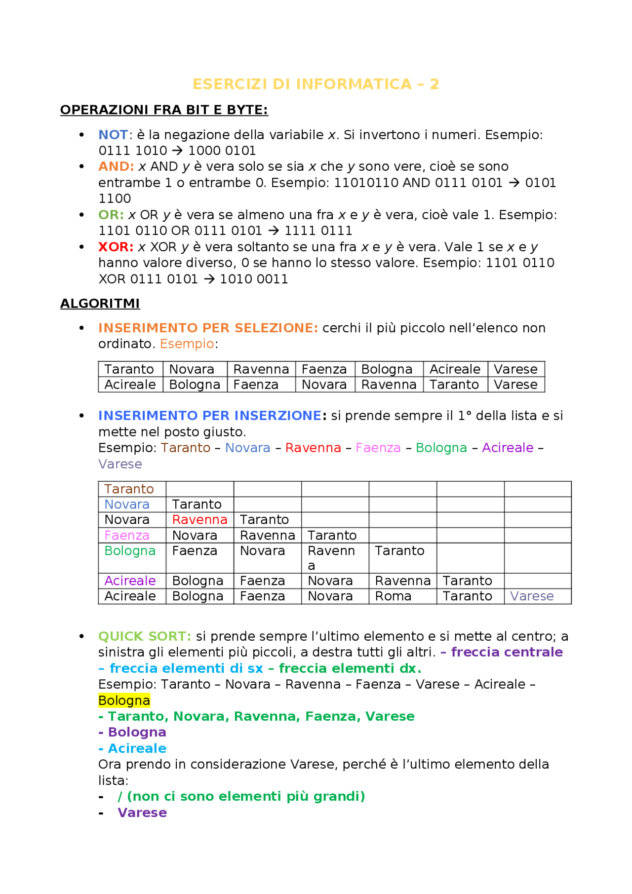 Esercizi operazioni booleane, algoritmi - Docsity