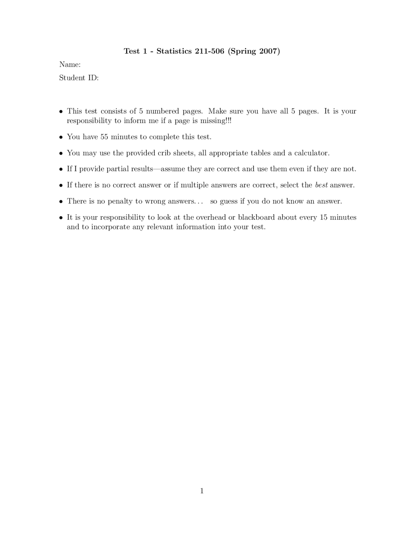 Principles of Statistics I - Exam 1 with Answer Key | STAT 211 - Docsity