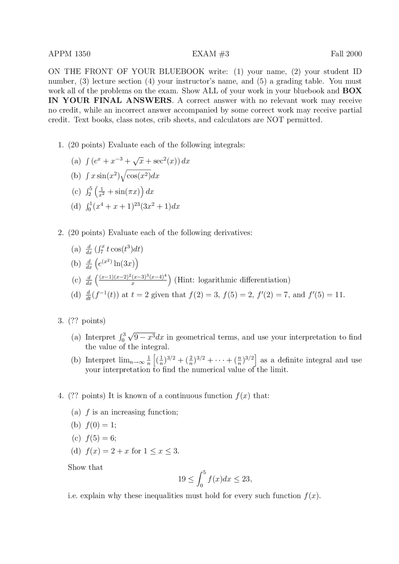 Old Exam 3 Questions On Calculus 1 For Engineers Fall 2000 Appm