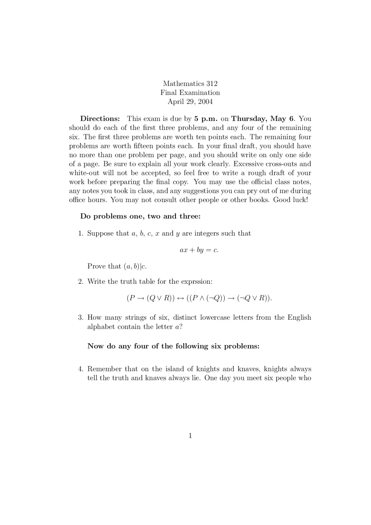 9 Problems Final Exam - Introduction to Number Theory | MATH 312 - Docsity