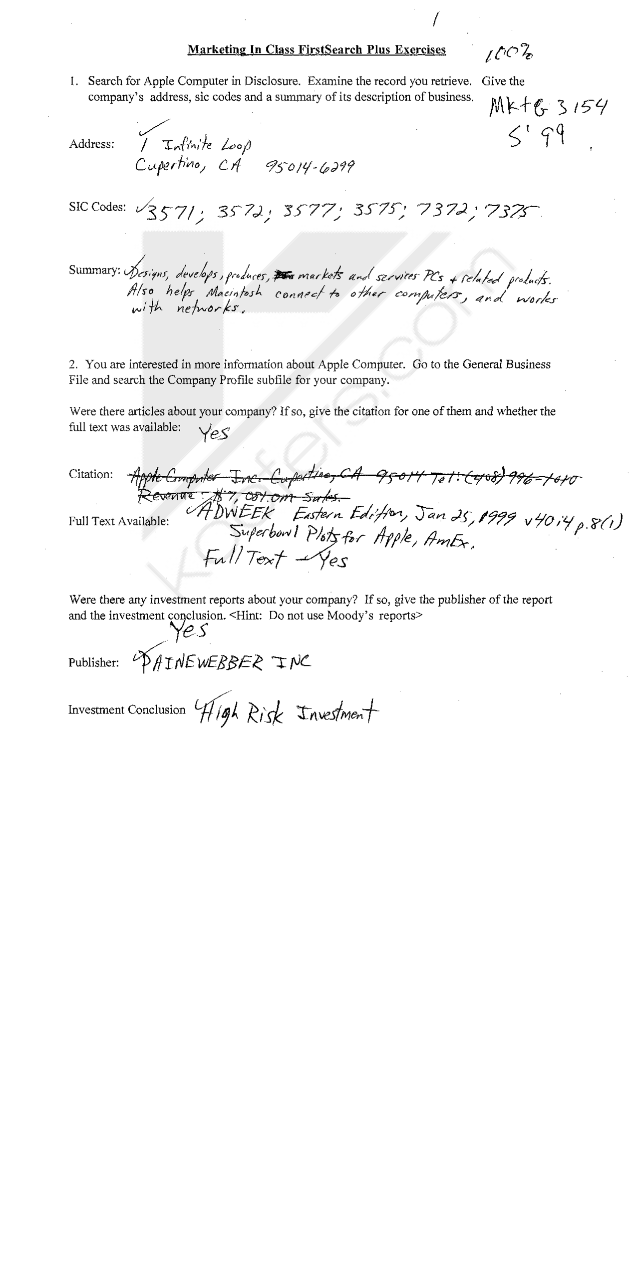 Marketing In Class First Search Plus Exercise Handout Mktg 3154