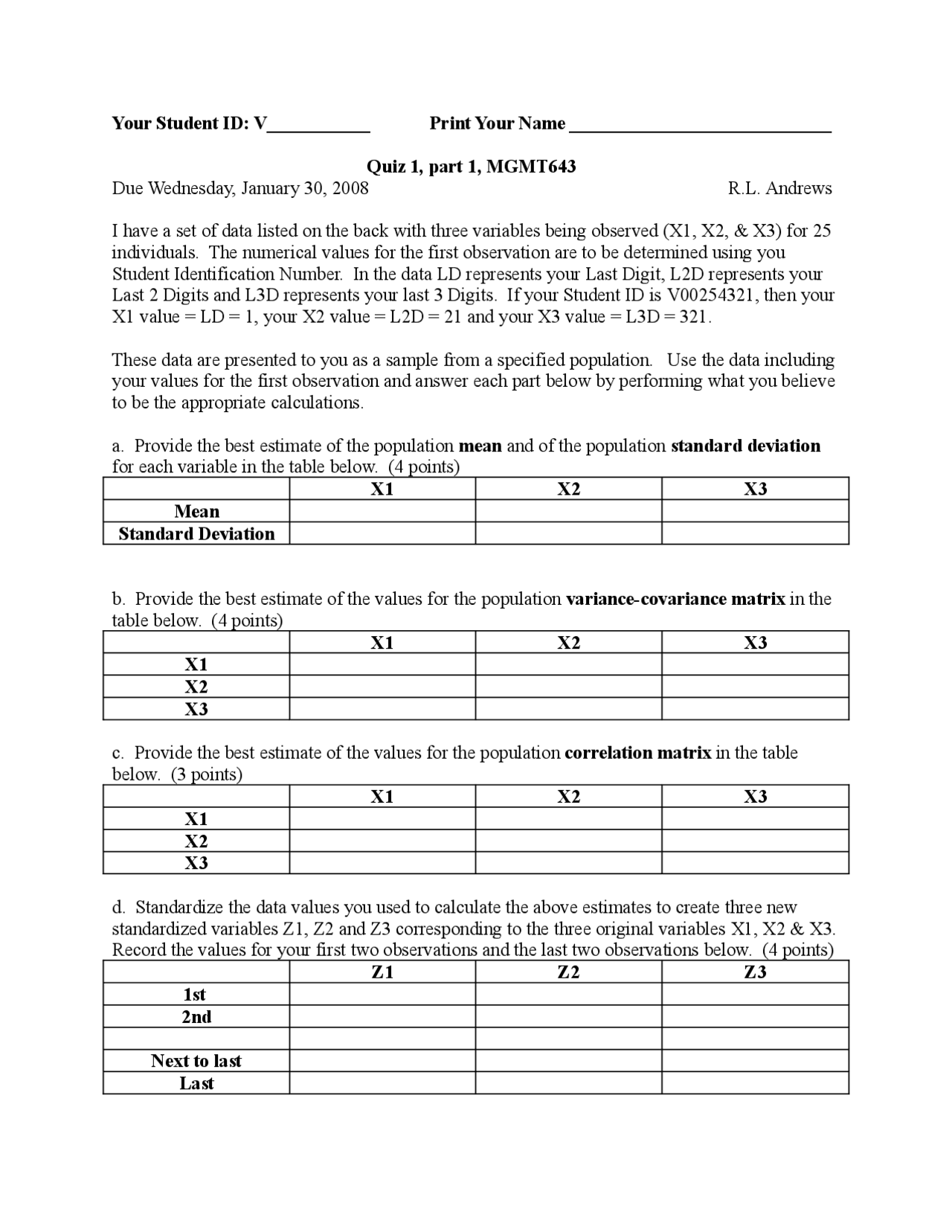 Applied Multivariable Methods - Spring 2008 - Practice Quiz 1 | MGMT 643 - Docsity