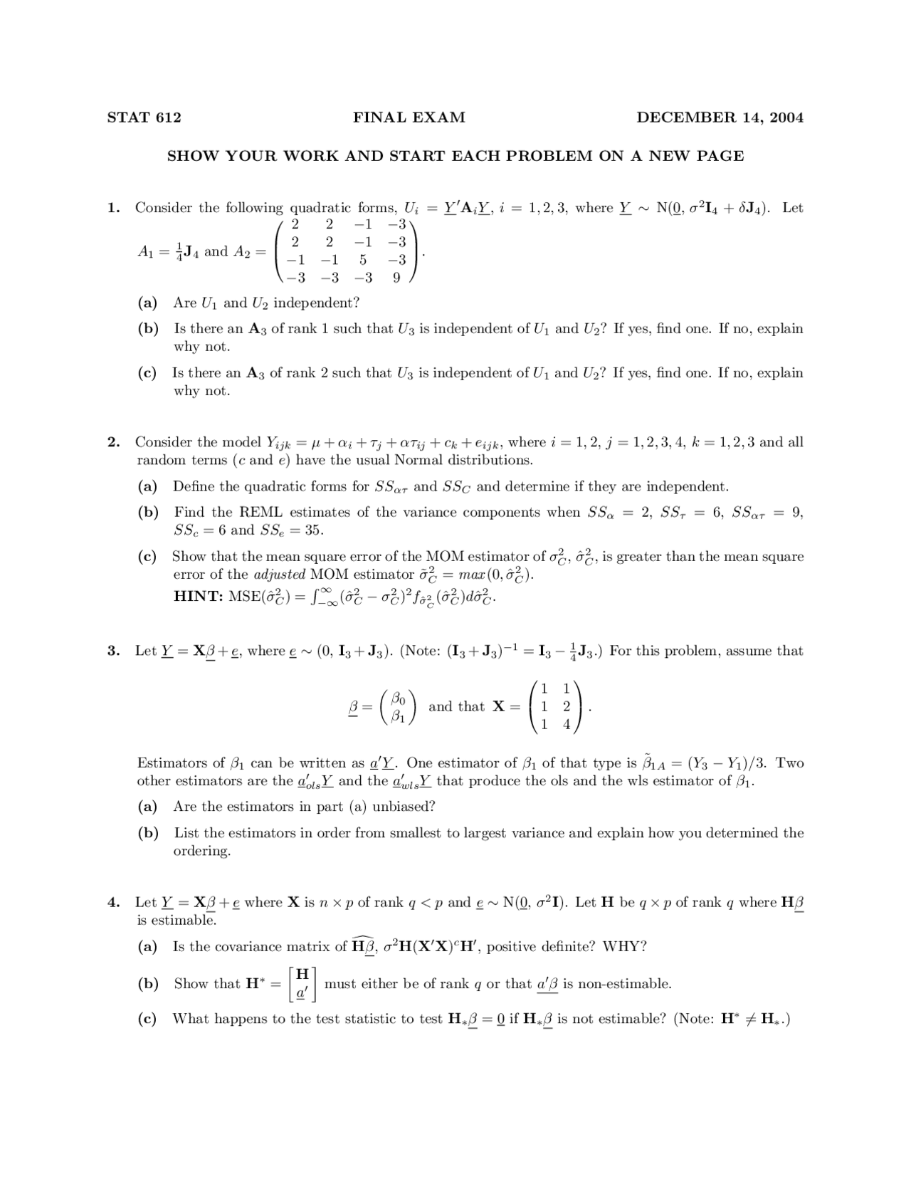 Final Exam For Theory Of Linear Models Stat 612 Docsity