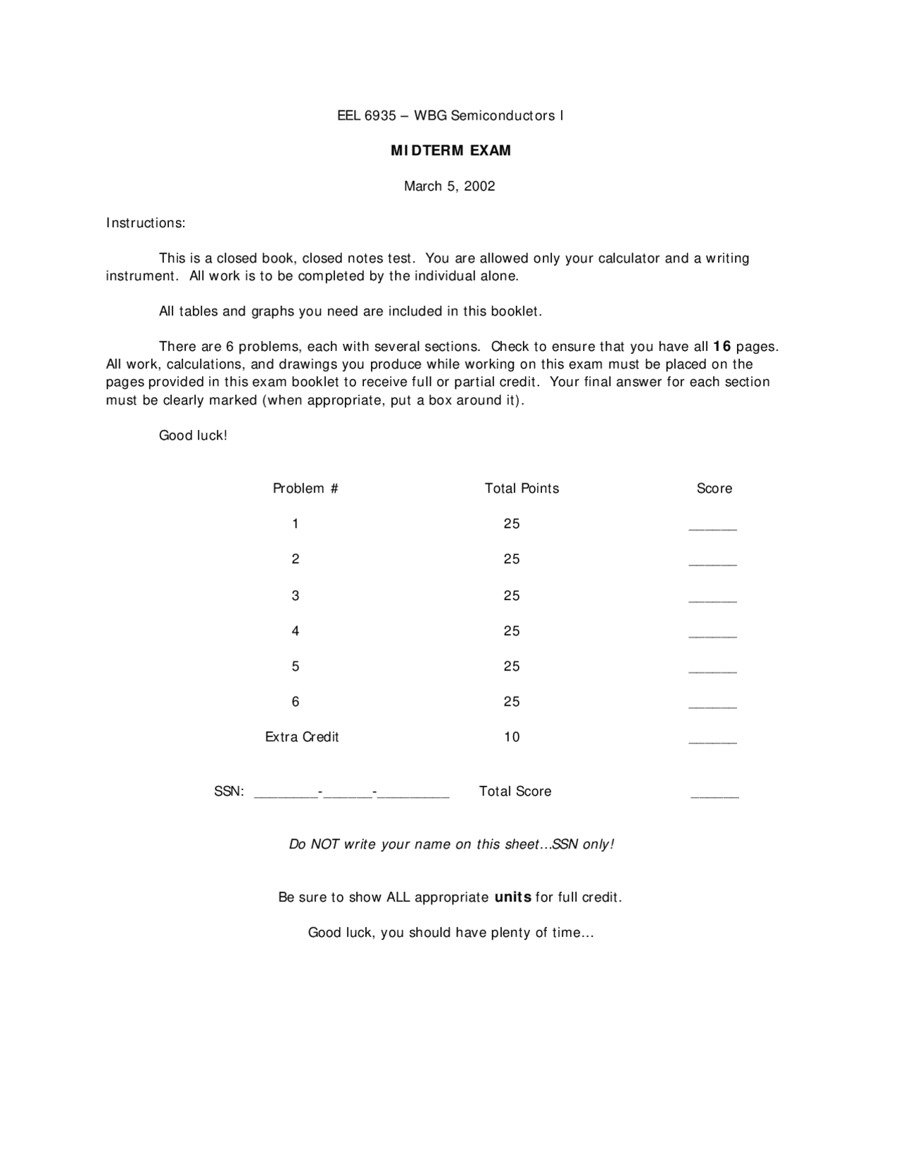 7 Questions On Wbg Semiconductor I Midterm Exam Fall 2002 Eel