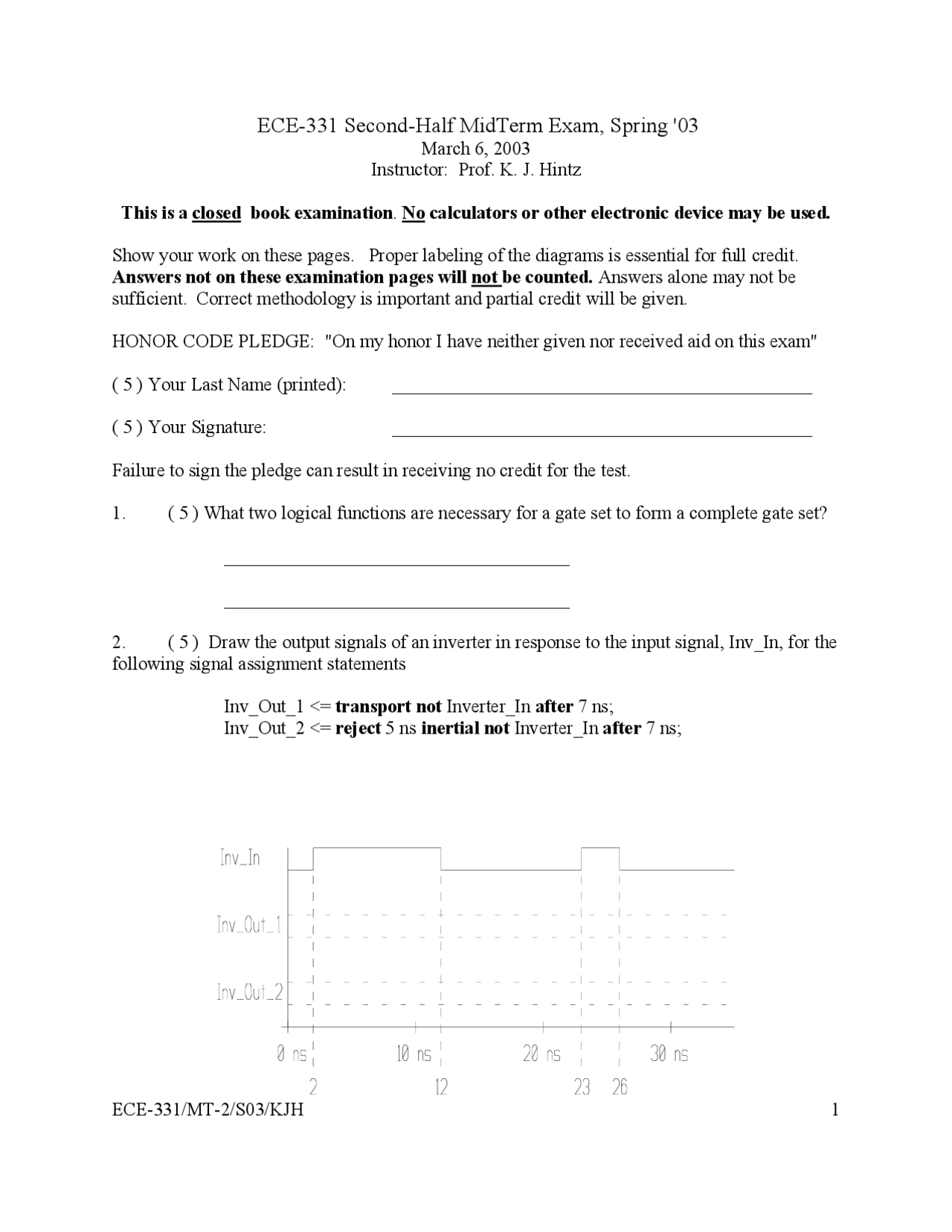 Second Half Midterm Exam Digital System Design 2003 Ece 331 Docsity