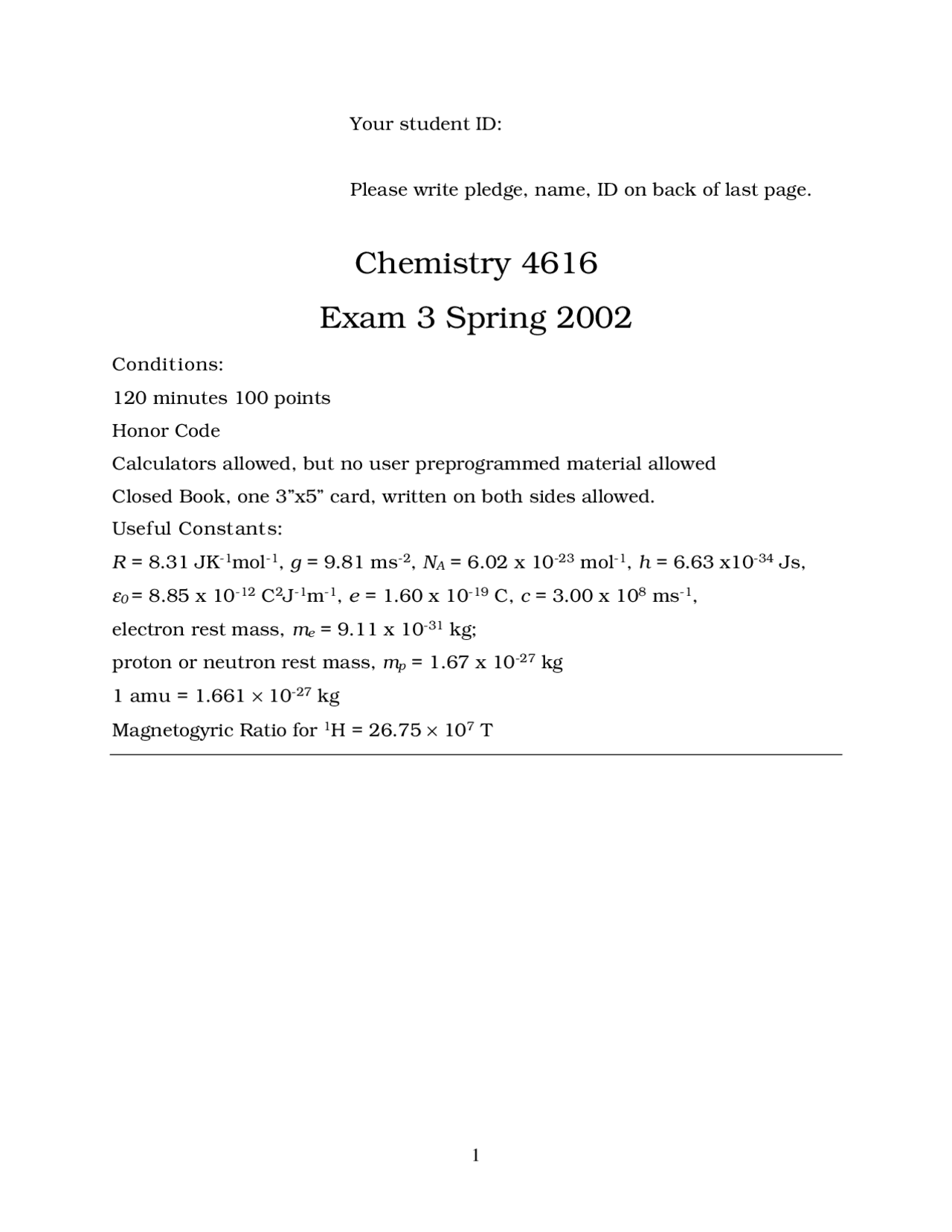 6 Questions On Physical Chemistry Exam 3 Chem 4616 Docsity