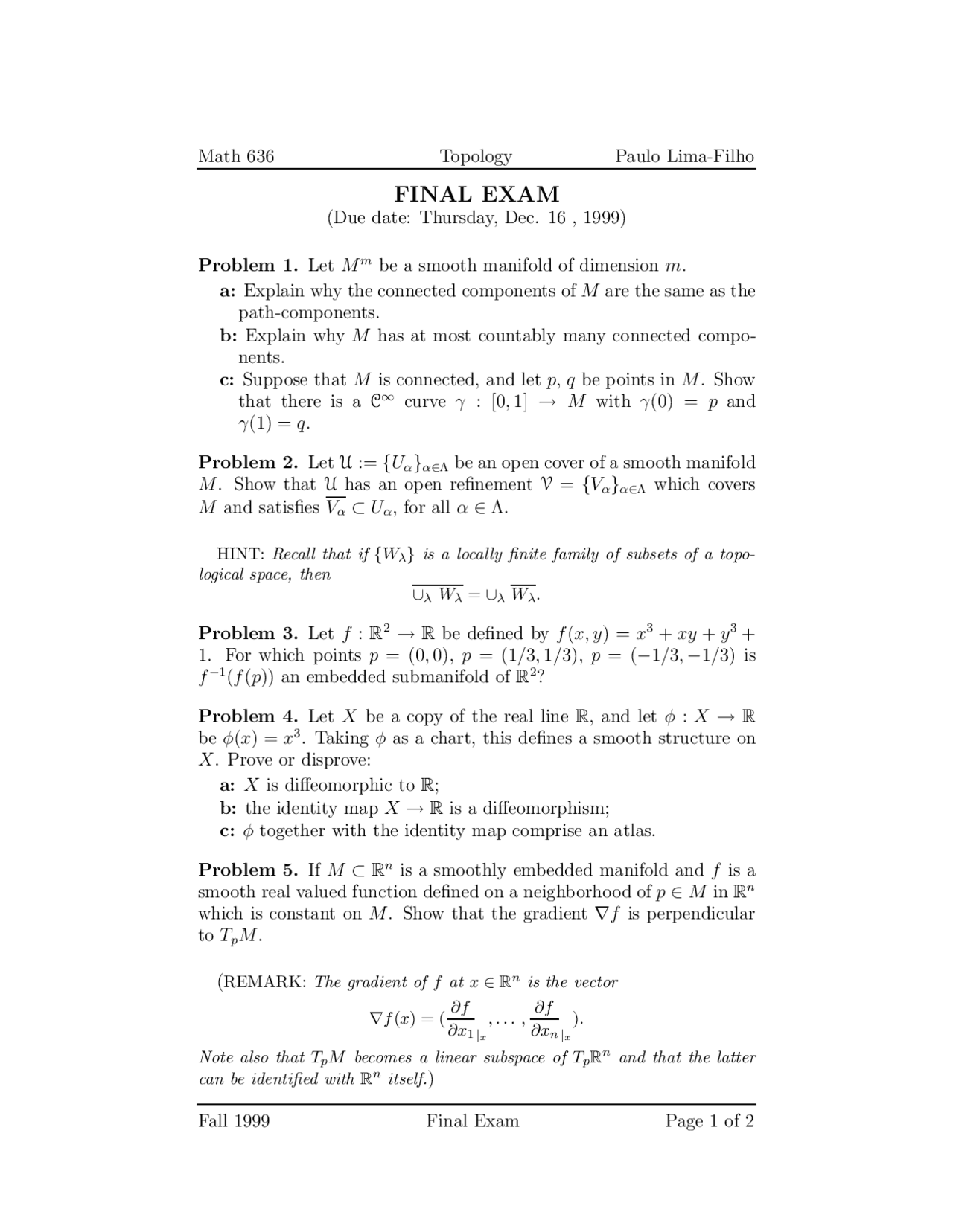 10 Sample Problems For Topology I Past Final Exam Math 636 Docsity