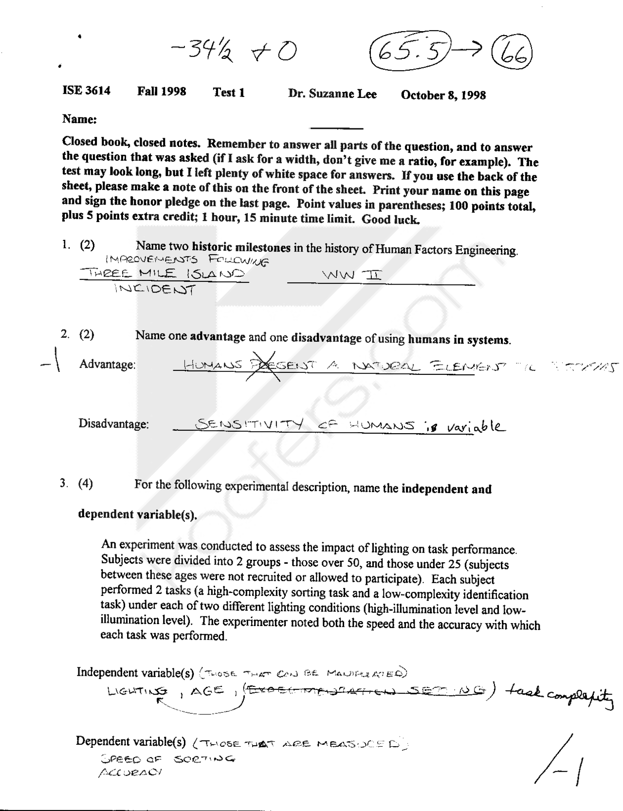 Solved Exam 1 Human Factors And Ergonomics In Manufacturing Ise