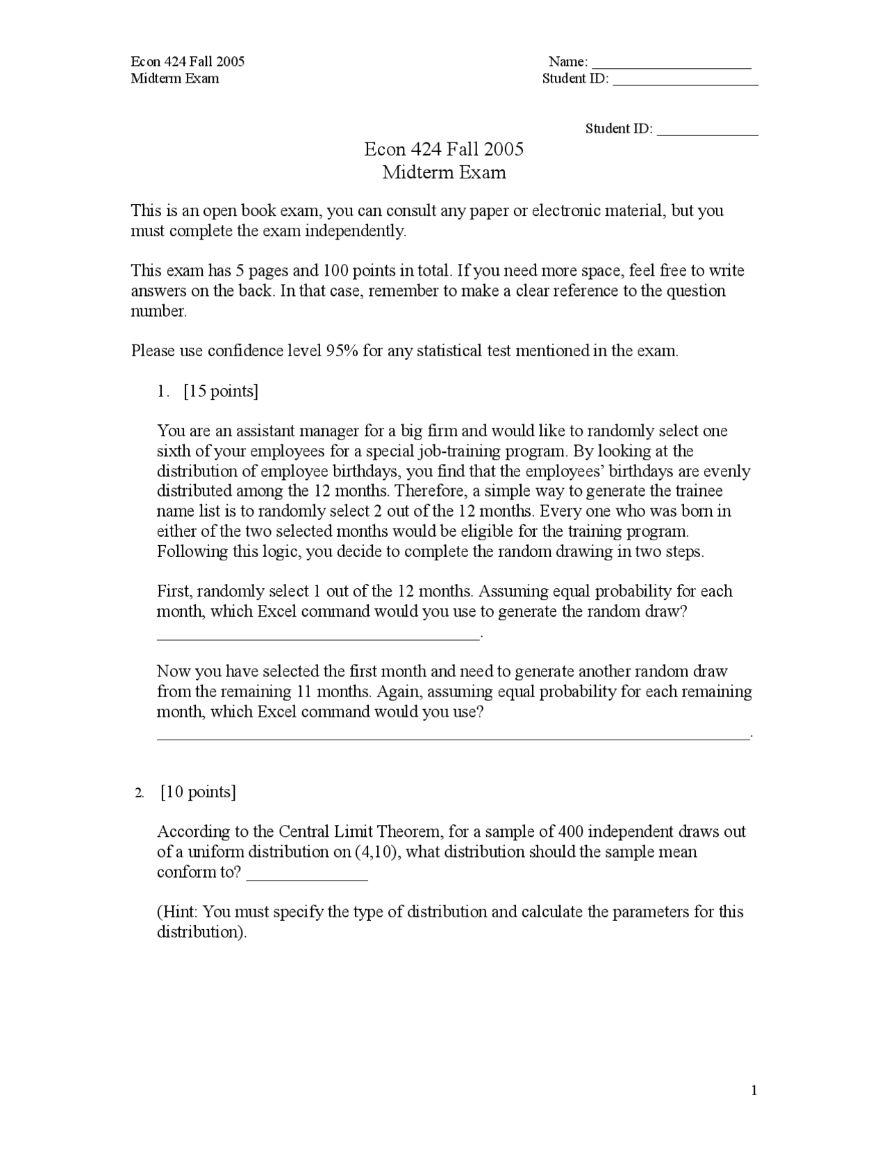 Questions In Midterm Exam Computer Mathematics Economics Econ 424