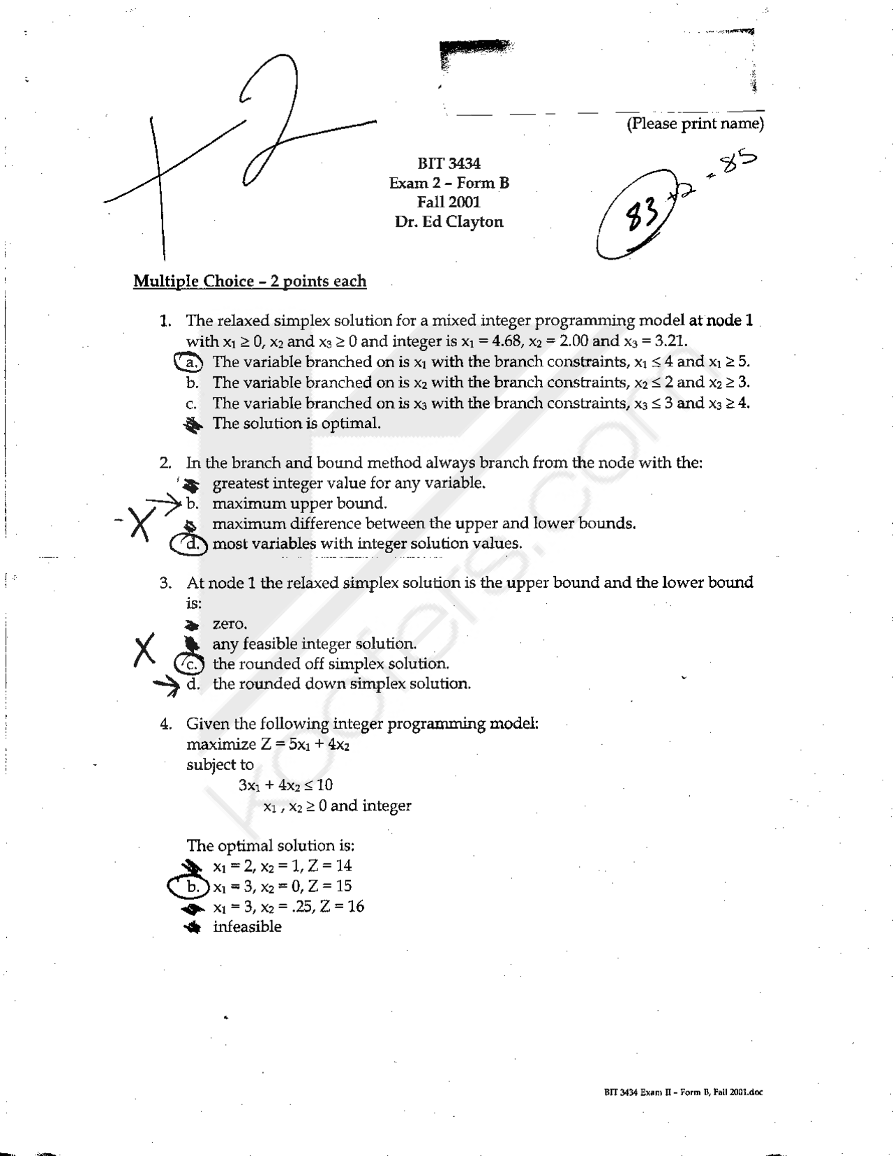 Multiple Questions Exam 2 Advanced Management Science Msci 3434