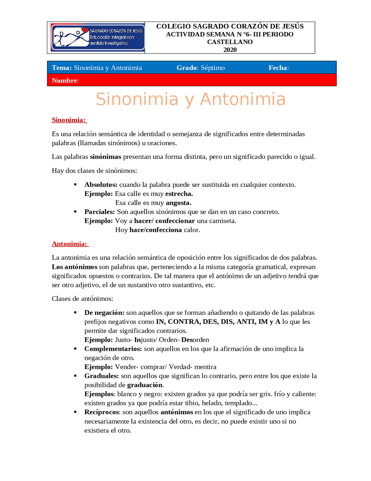 Sinonimia y antonimia | Ejercicios de Lengua y Literatura | Docsity