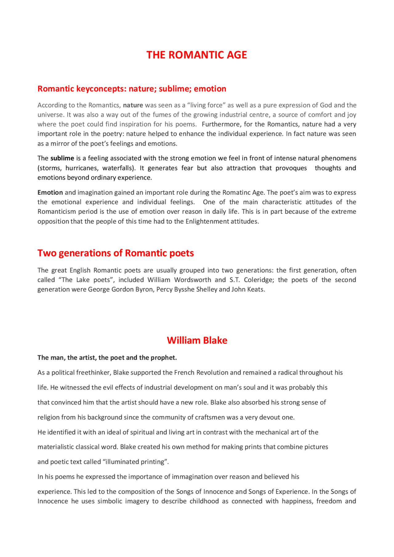 Schema Riassuntivo Romantic Age E William Blake In Inglese Docsity